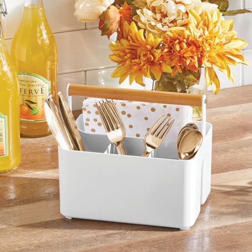 mDesign Plastic Portable Storage Organizer Kitchen Caddy Tote, Divided Bin w/Wood Handle for Napkins, Silverware, Forks, Knives, Spoons - Store in Cabinets, Counters - Aura Collection - White/Natural