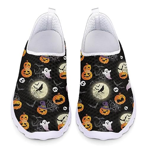 INSTANTARTS Halloween Witch Pumpkin Womens Athletic Water Shoes Slip-on Quick Dry Running Sneakers Scary Spider Web Ghost Skull Aqua Water Shoes