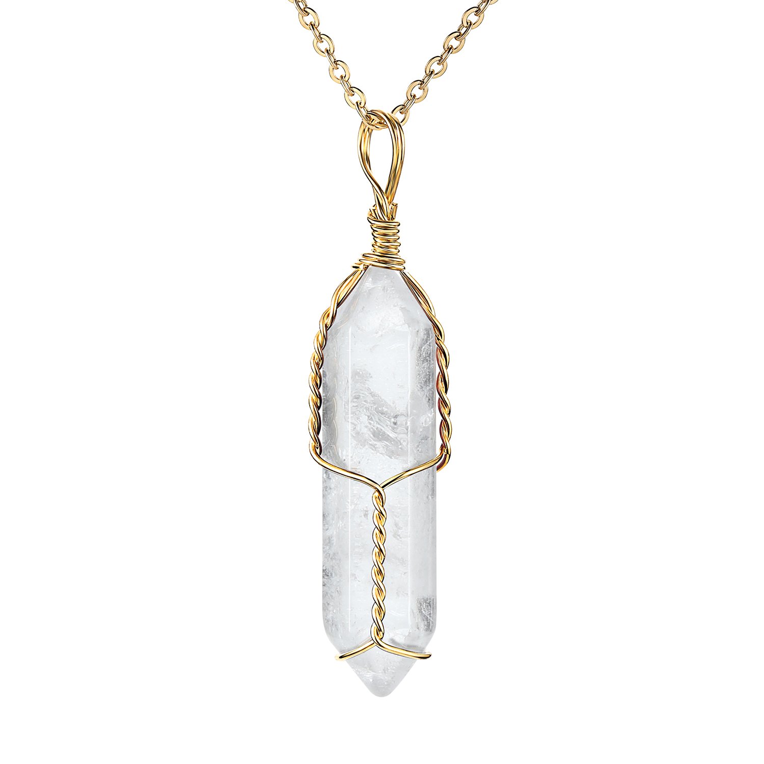 JADENOVA Full Wire Wrapped Energy Healing Crystal Gemstone Pendant Necklace 18 Inches Stainless Steel Chain(Natural Clear White Quartz)