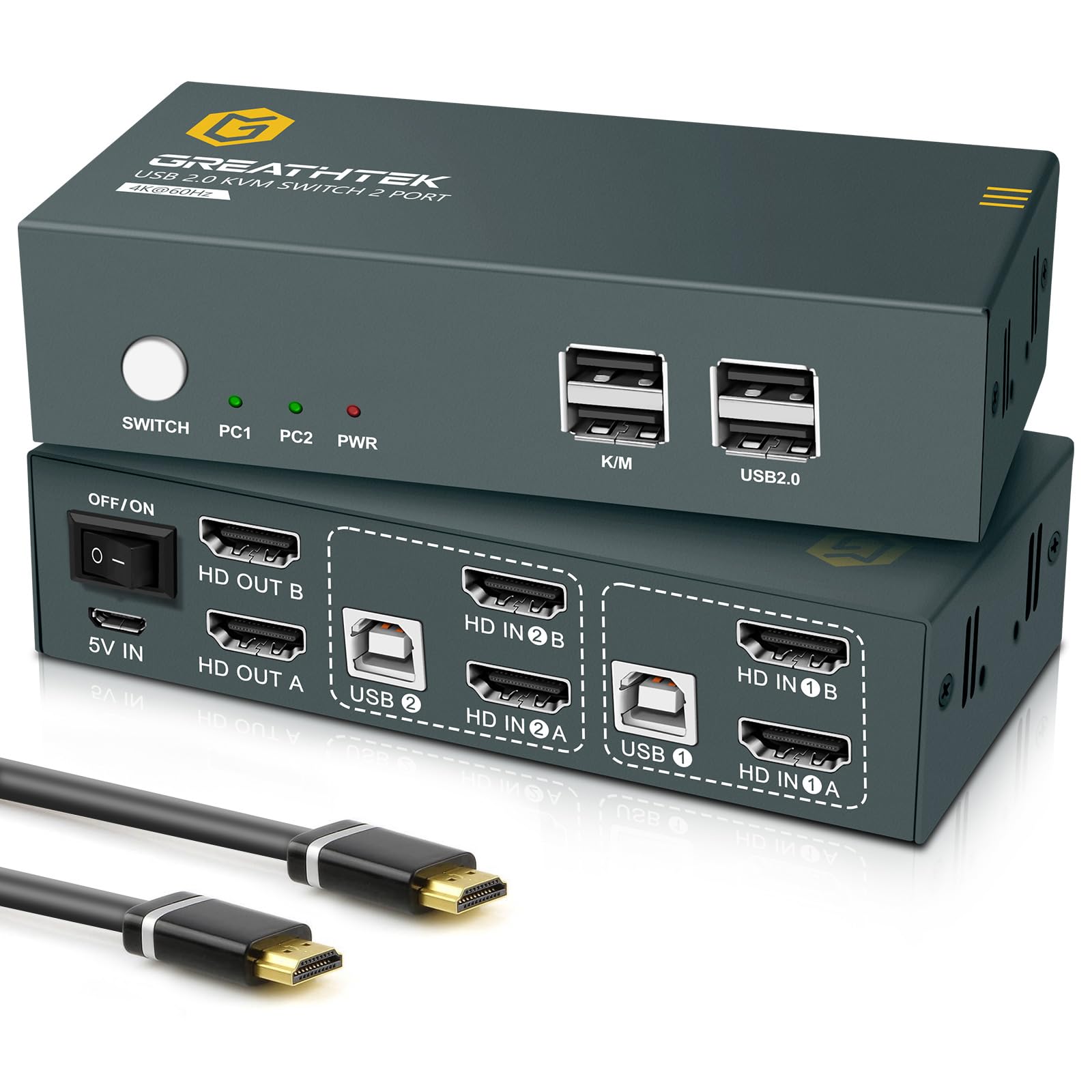 KVM Switch HDMI 4 Port 4K@60Hz,4USB 2.0,Support The Input of USB2.0 Devices Such as Printers,HDCP2.2,YUV 4: 4: 4,All Needed Cables,Support Wireless Keyboard and Mouse(New Version)