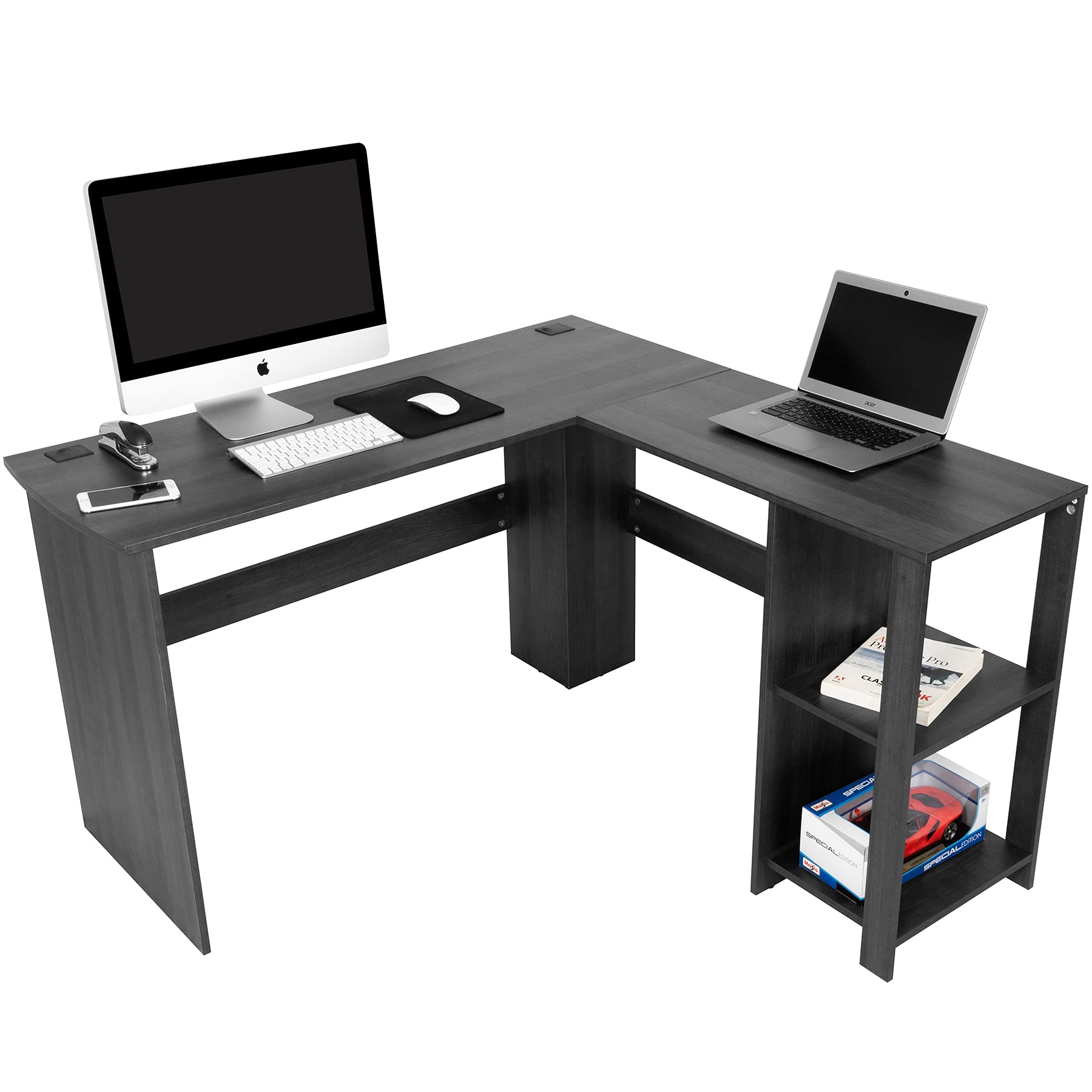 JAHRSTIM Aiden L Shaped Home Office Desk with Shelves, 51 inch Small Wooden Computer Cornor Desk for Small Space Study Writing Workstation, Dark Grey