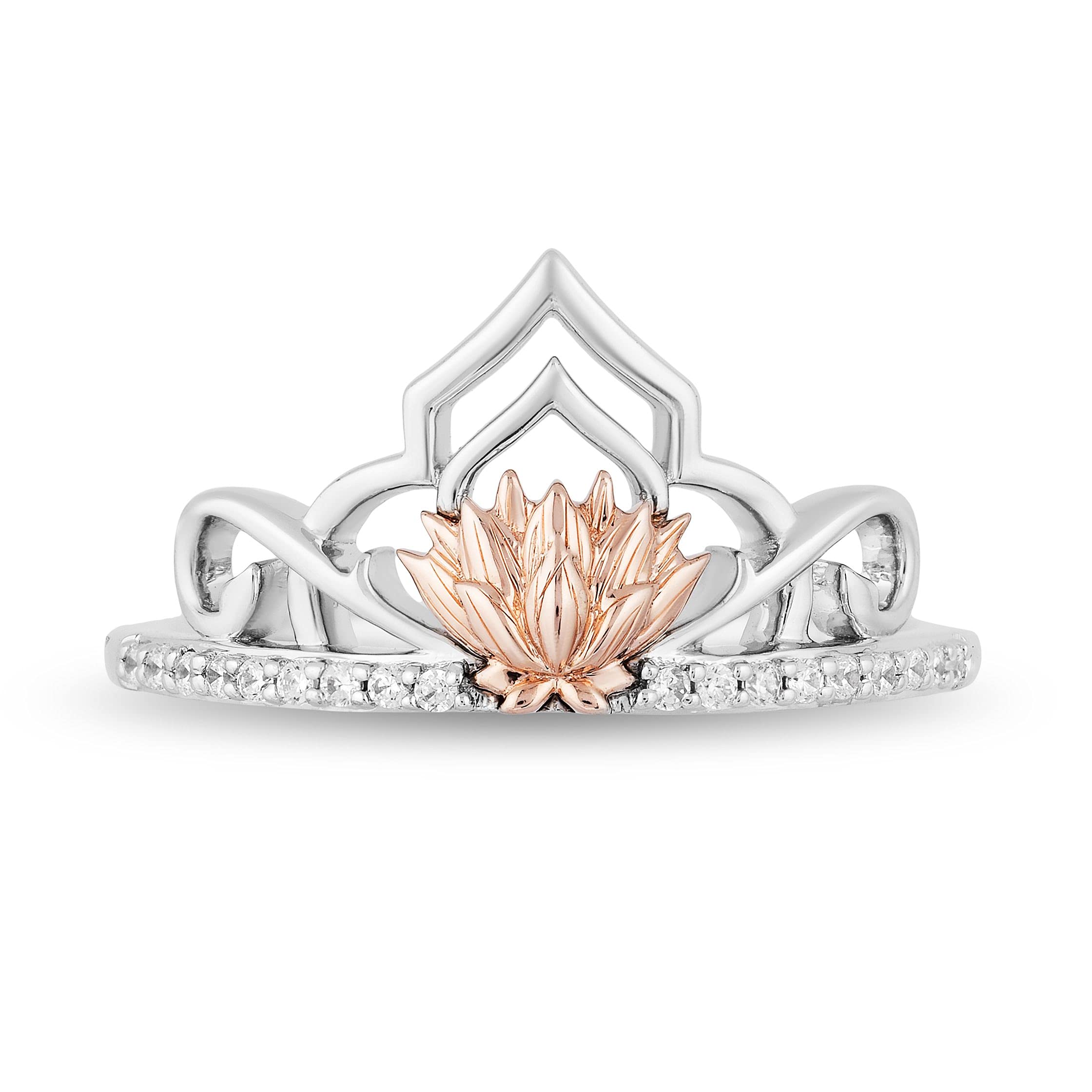 Jewelili Enchanted Disney Fine Jewelry Sterling Silver and Rose Gold Plating 1/10 Cttw Diamond Jasmine Lotus Ring