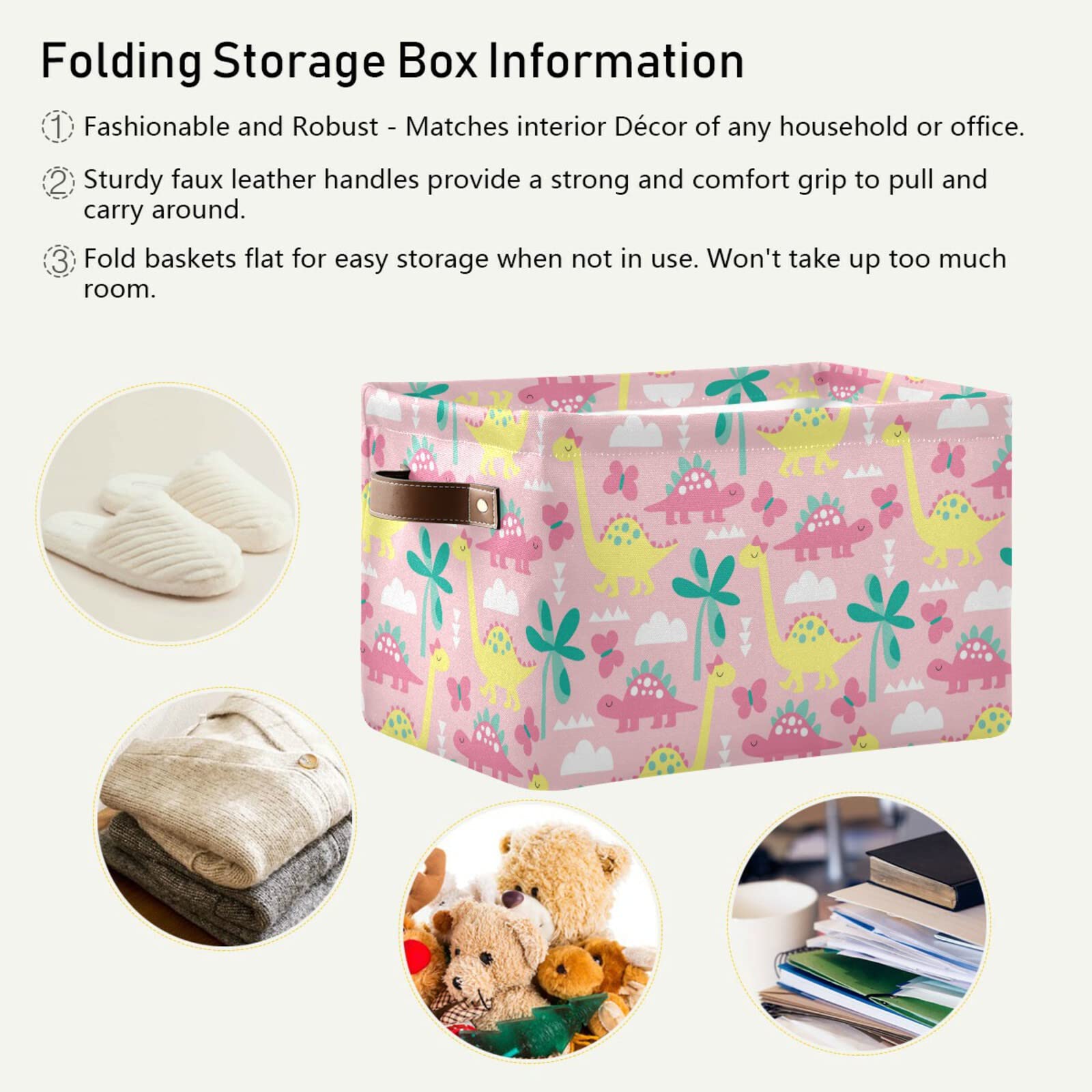 Pink Dinosaur Animal Storage Basket Storage Bin Rectangular Collapsible Storage Box with Leather Handles Nursery Baskets Organizer for Office, Bedroom