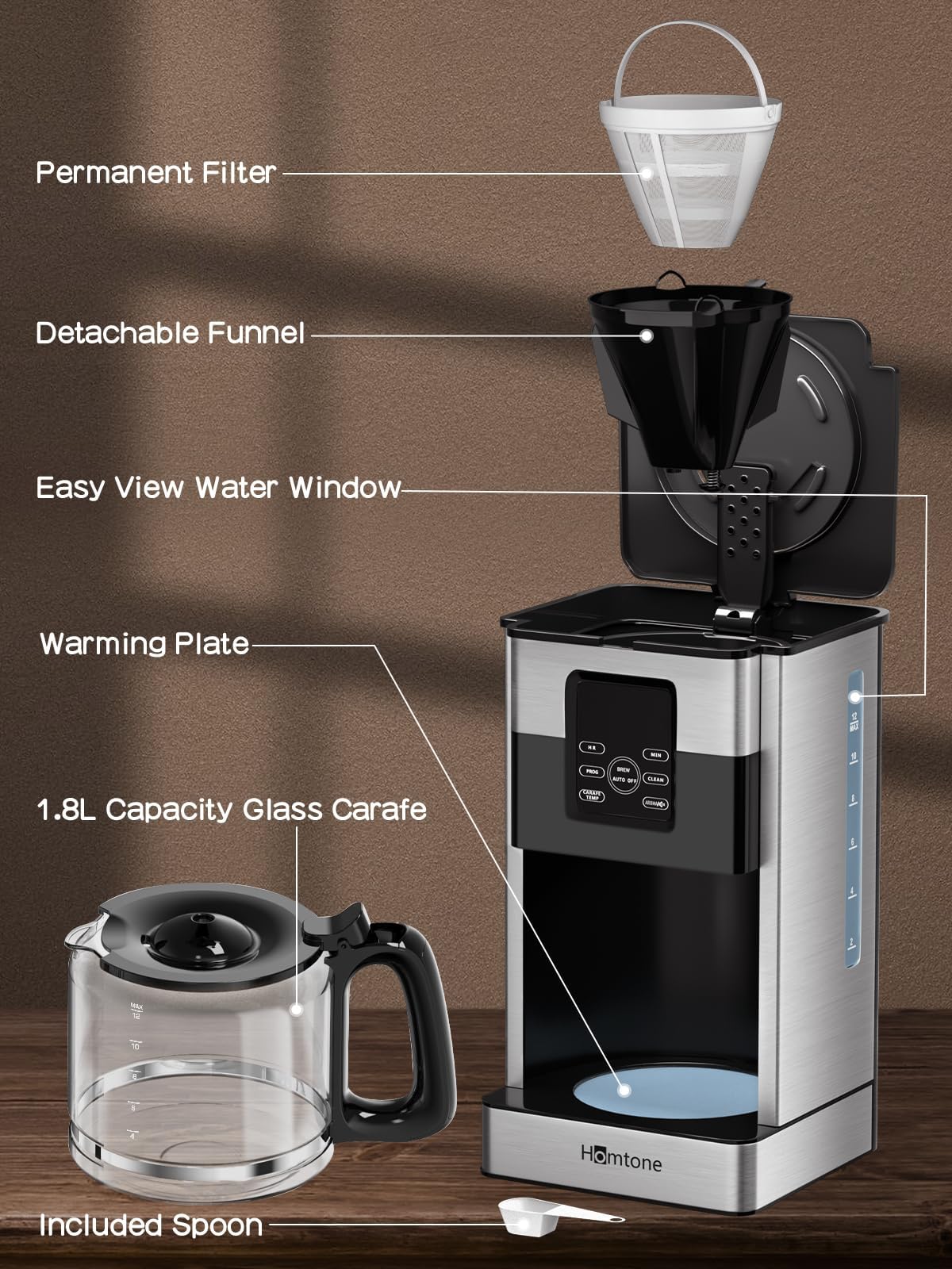 Homtone Coffee Maker 12 Cup Programmable, Anti-Drip Digital Coffee Machine, Brew Strength Control Coffee Maker for Hot Coffee, Stainless Steel, LCD Touch Screen, Permanent Filter, 1000W