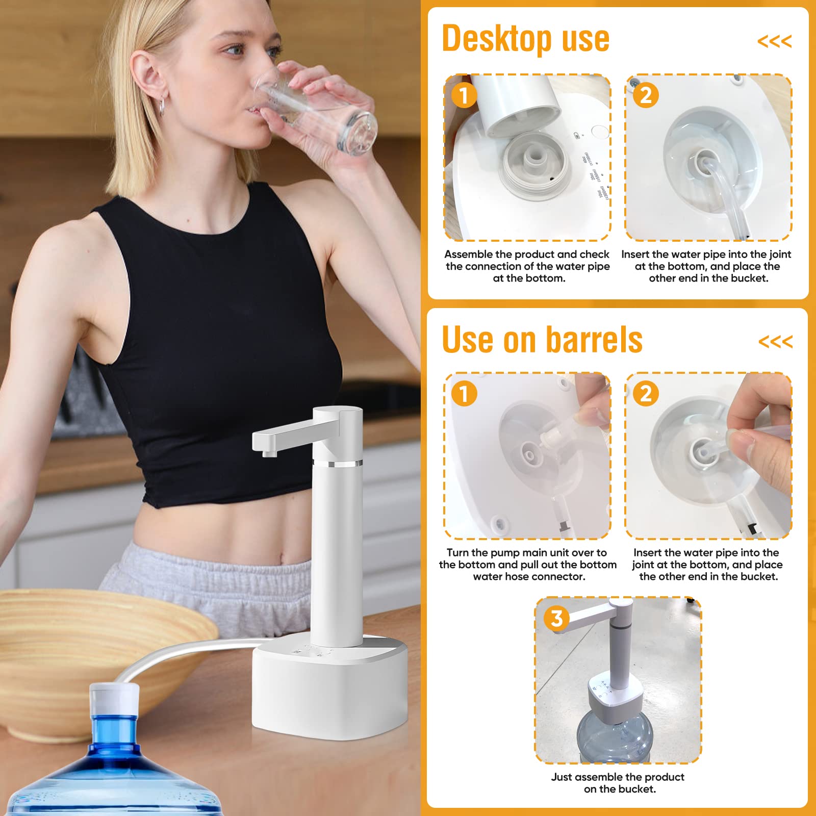 Intelligent Desktop Water Bottle Dispenser, Portable Electric Water Bottle Pump for 5 Gallon & Universal Bottles, USB Charging Automatic Drinking Water Bottle Pump, Removable, for Home,Office,Outdoor