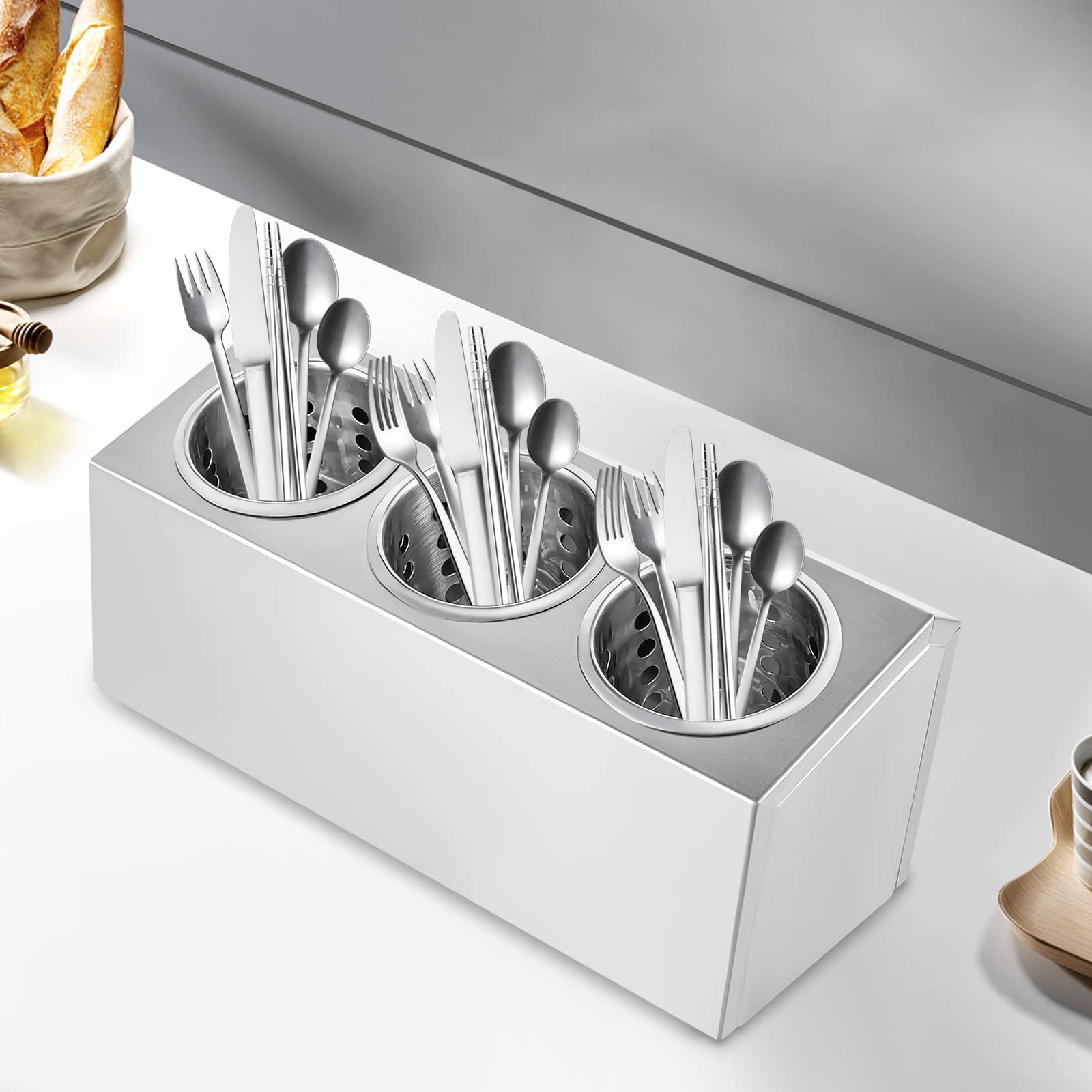 KOLHGNSE 3 Pack Compartment Utensil Holder, Stainless Steel Cylinder Flatware Silverware Organizer Caddy for Spoons, Knives and Forks, Great for Kitchen Cabinet