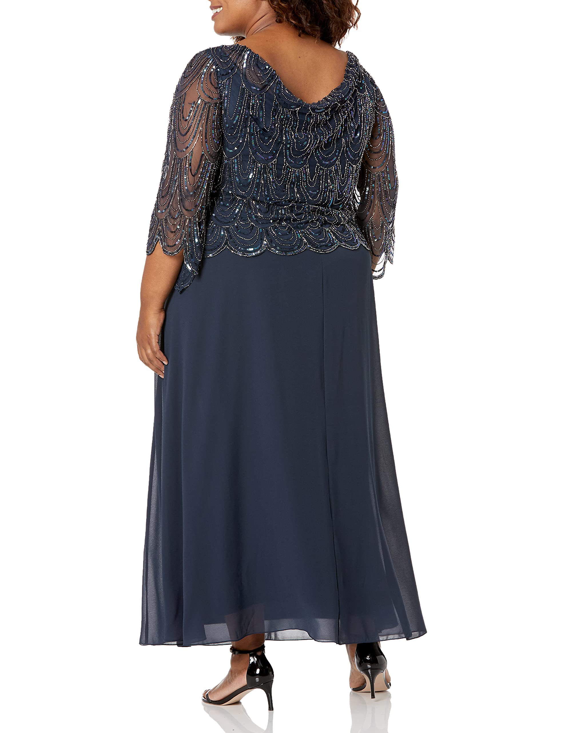 J Kara Women's 3/4 Scallop Beaded Pop Over Gown, Navy/Mercury, 8