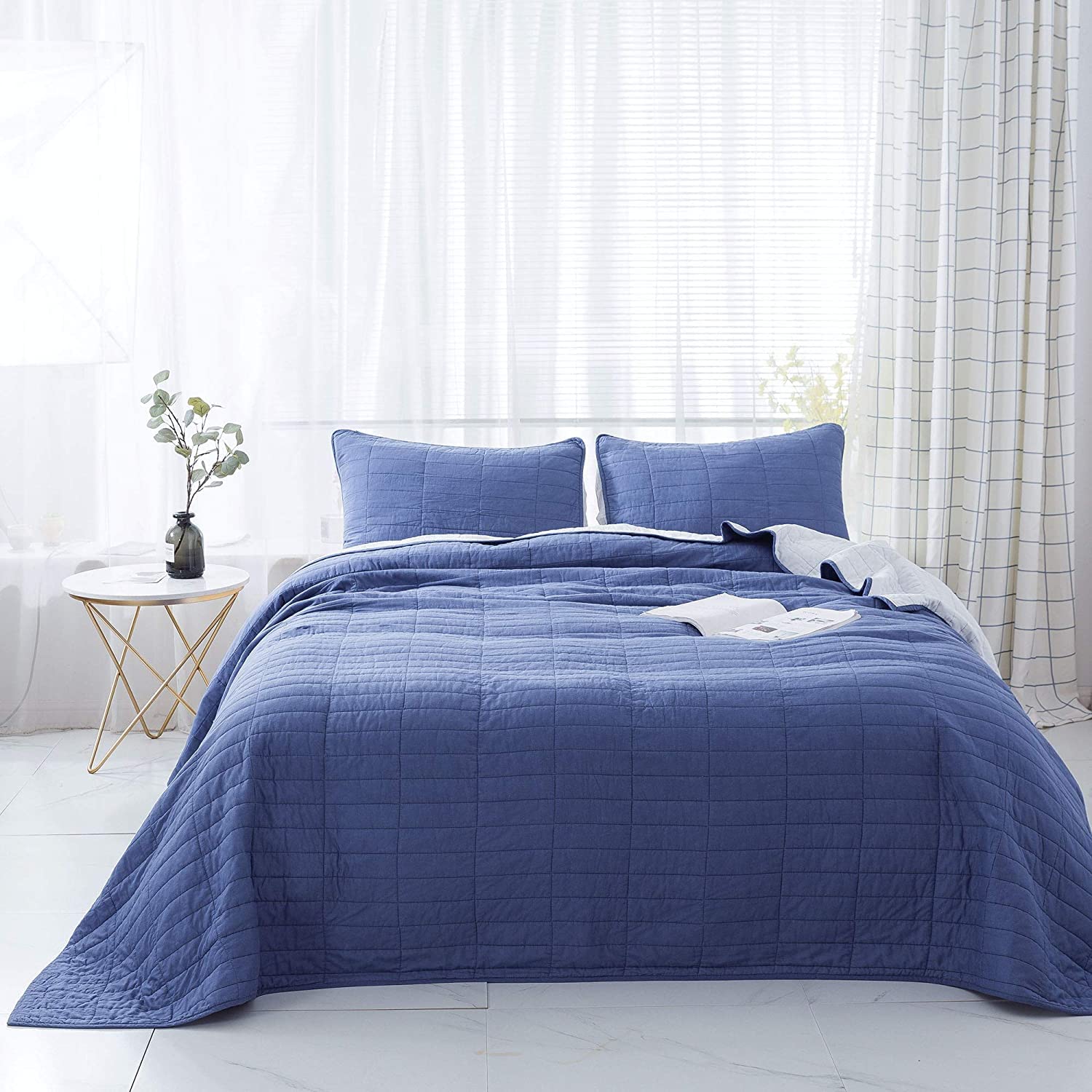 KASENTEX 3-Piece Oversized King Quilt Set Soft 100% Cotton Bedspread Coverlet Sets (Teal, 112X106+20X36 X2)