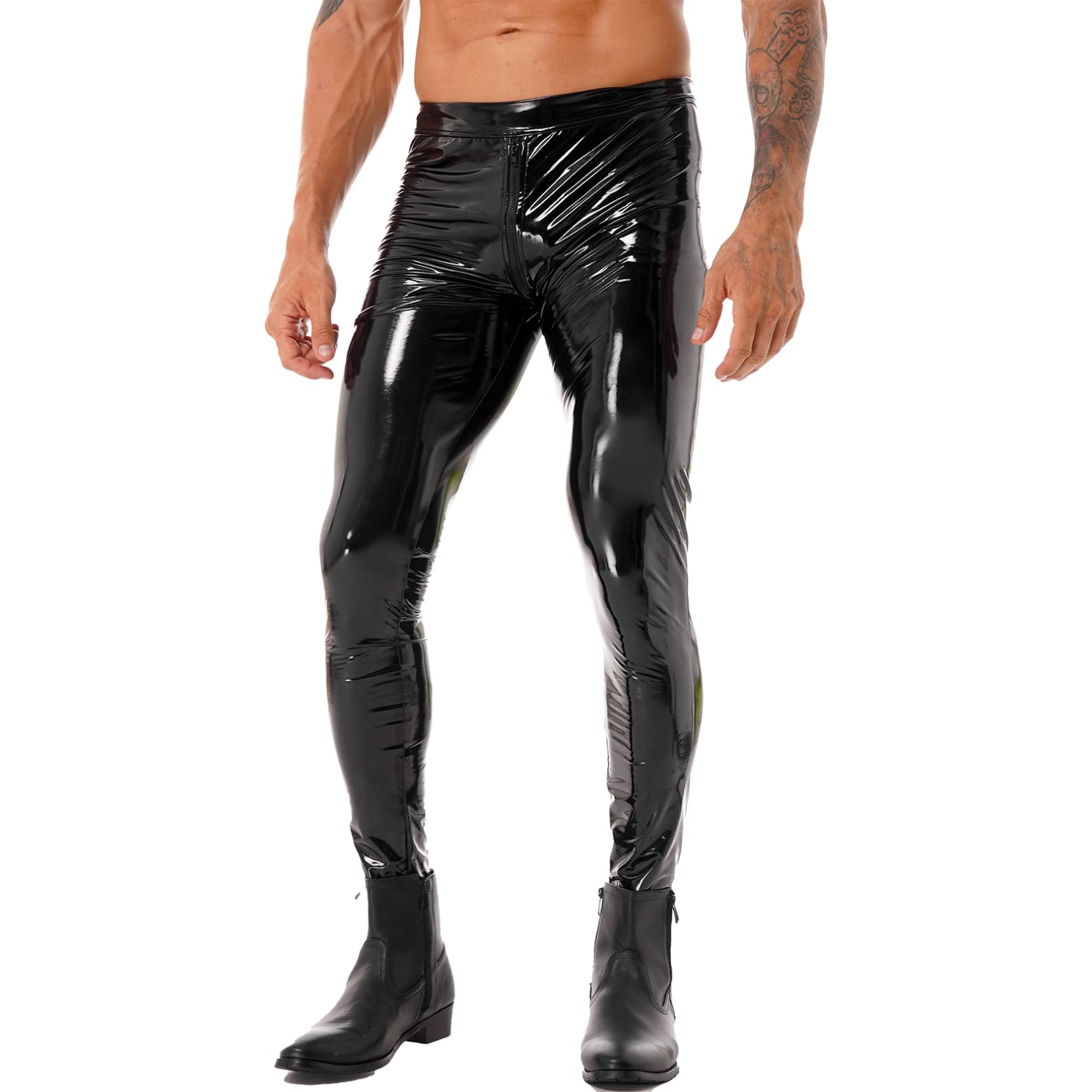 MSemis Men's Faux Leather Pants Punk 80's Rock Skinny Leggings Tight Gothic Motorcycle Biker Pants Type D X-Large