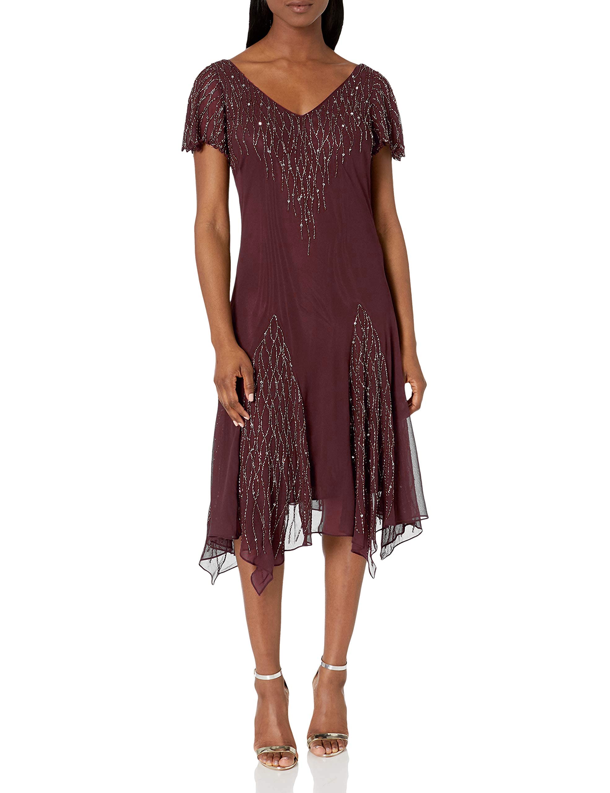 J Kara Women's Petite Short Beaded Dress, Wine/Mercury, 12P