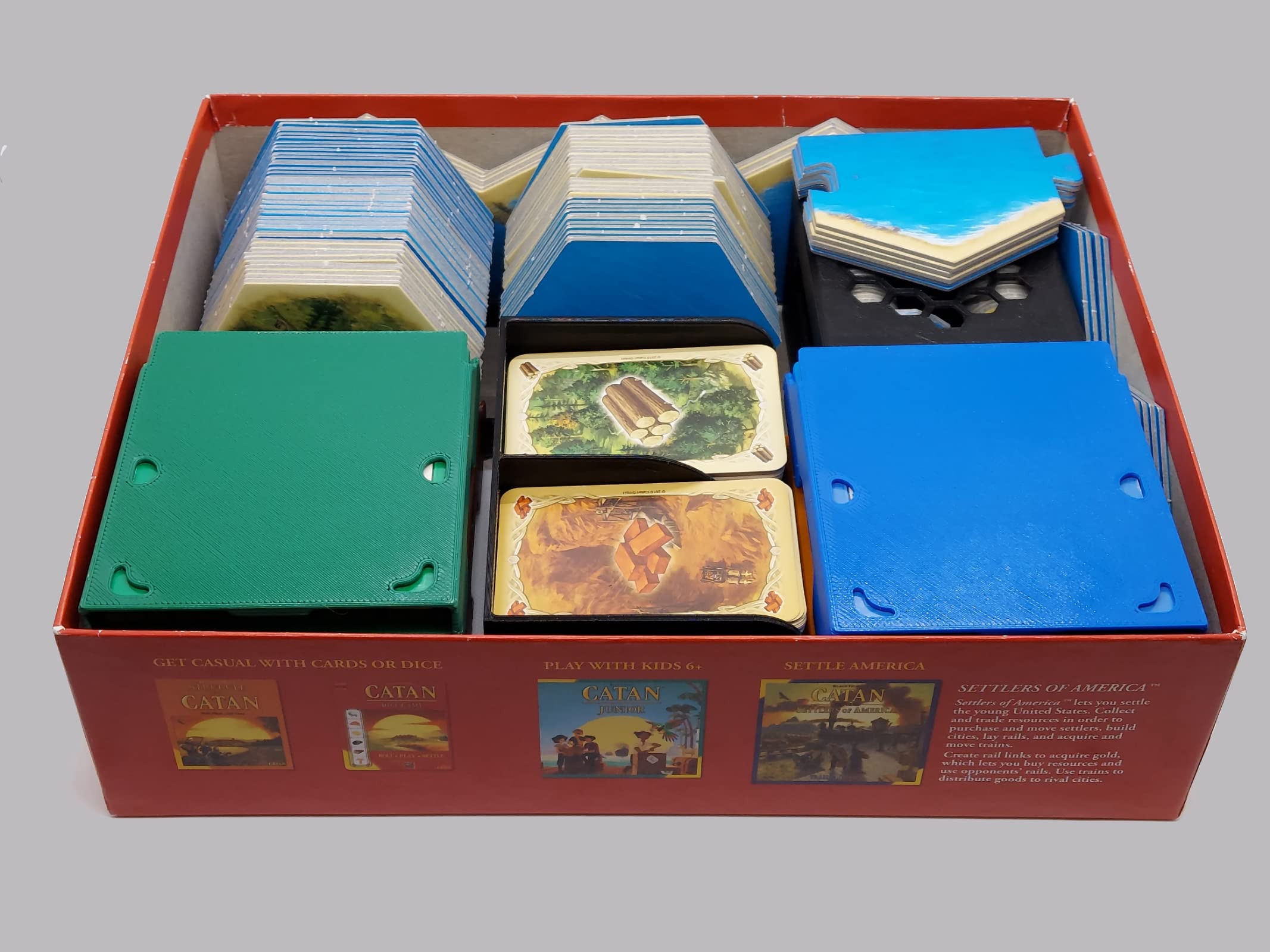 Organizer Insert for Catan Base Game, Seafarers, and Both 5-6 Player Extensions with Player Trays and Card Holder. (Player Trays with Black Organizer)