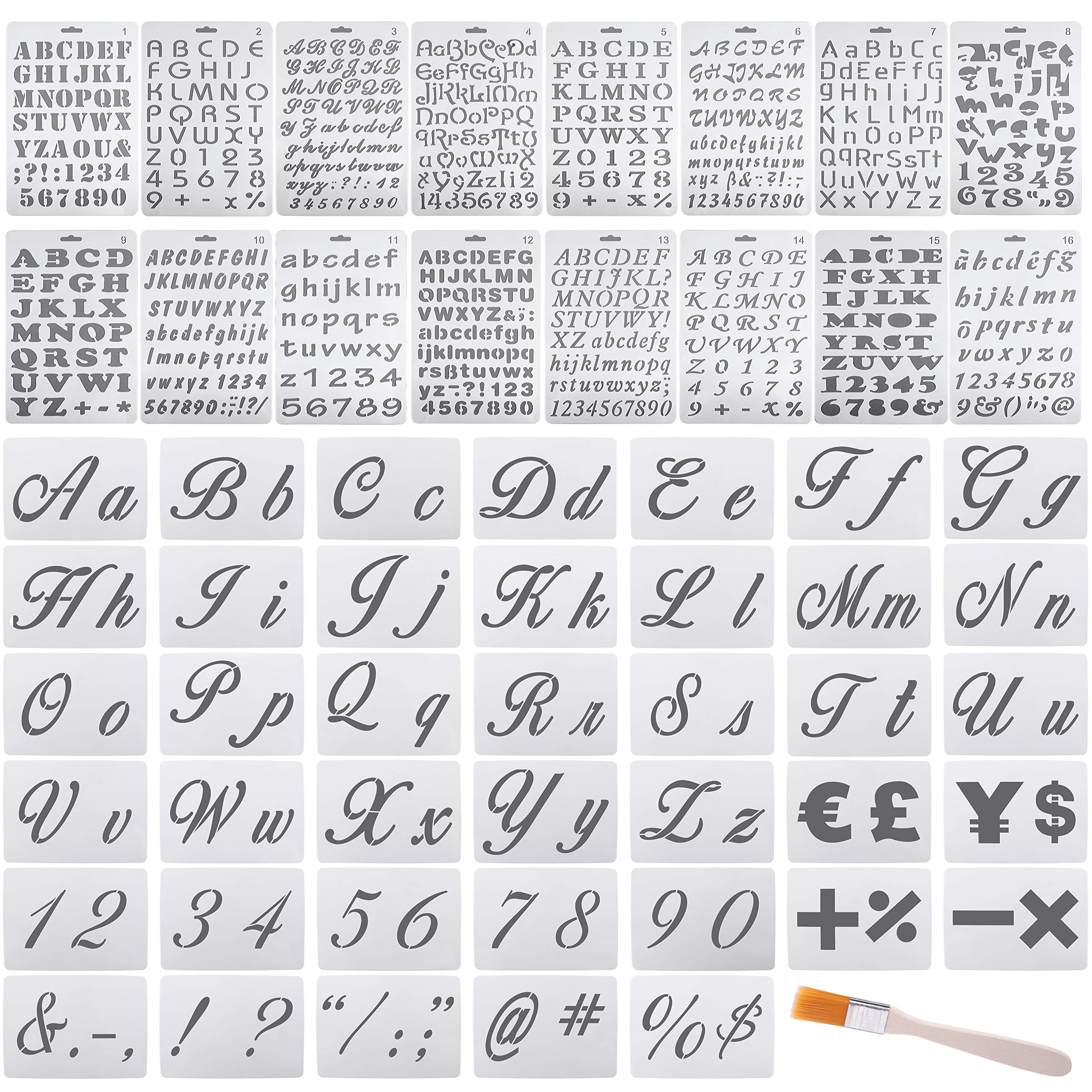 Jekkis 56 Pack Letter Stencils for Painting on Wood Alphabet Stencils with Numbers and Signs Reusable Plastic Small Stencils for Drawing Journal DIY Craft Project - 146 Designs