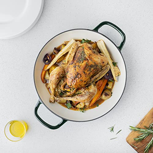 Navaris Dutch Oven Pan with Lid - 3.7 QT Enameled Cast Iron Skillet - 15 3/4" Wide Covered Round Enamel Pot - Induction Cooktop Safe - Dark Green