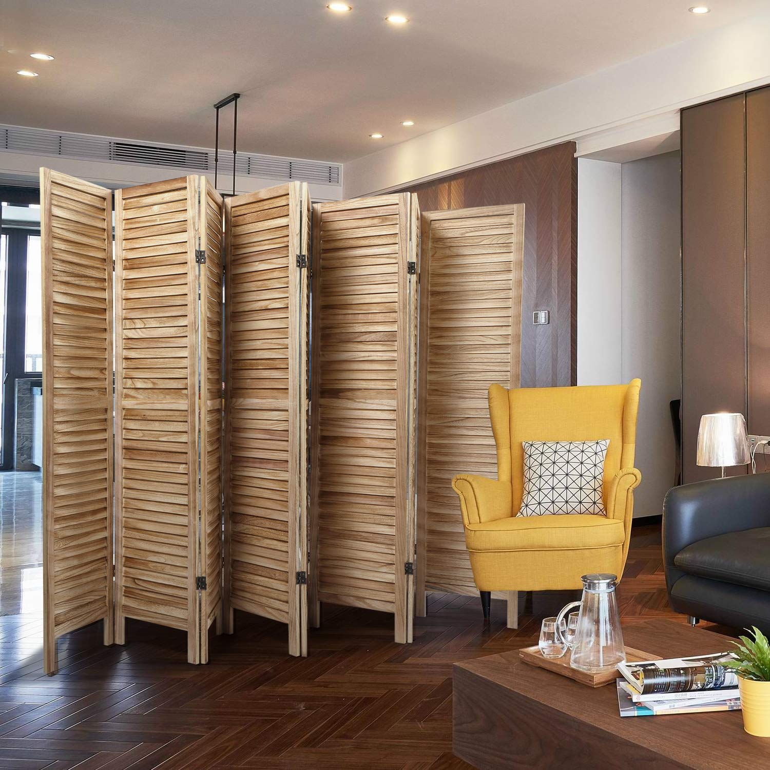JAXPETY 4 Panel Wood Louvered Room Divider, 5.6 Ft Tall Oriental Folding Freestanding Privacy Screen Room Dividers for Home, Office, Bedroom (Nature)