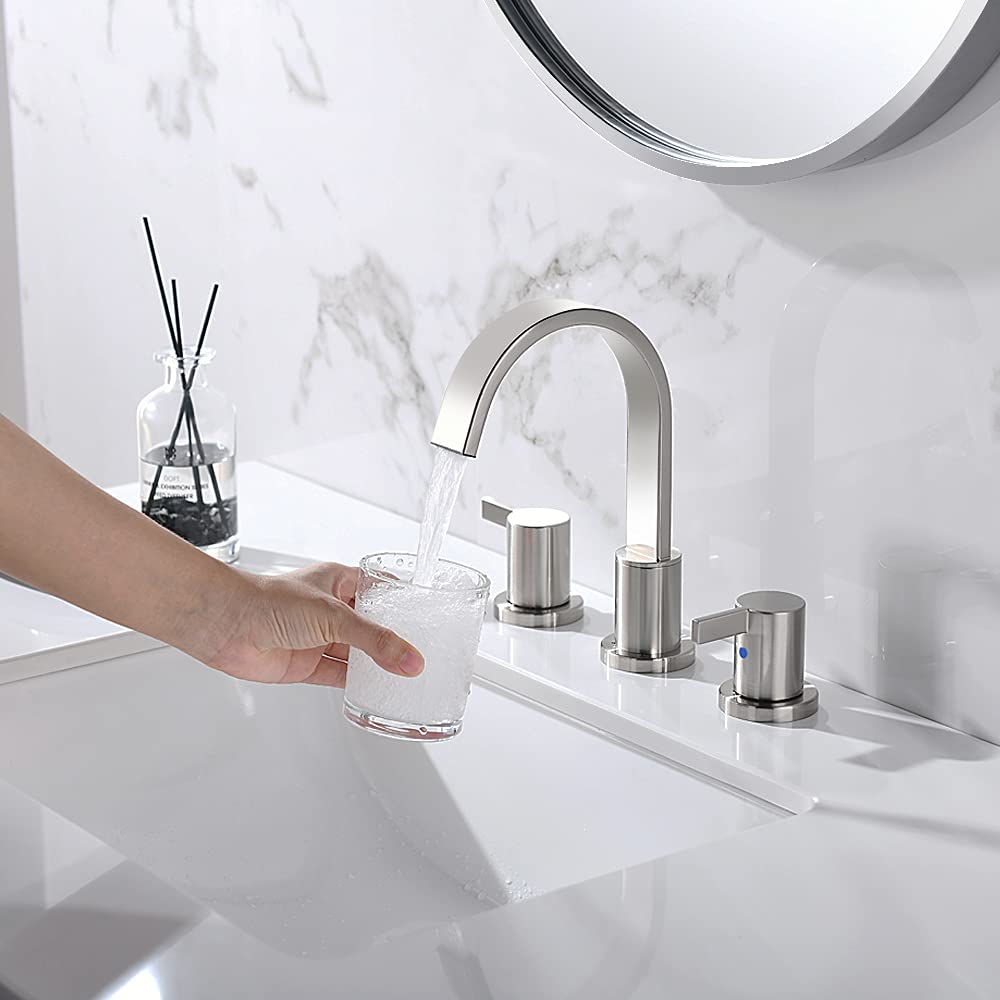 Phiestina 8 Inch Brushed Nickel Waterfall 2-Handle 3-Hole Widespread Bathroom Faucet with Pop-up Drain and Valve, WF40-1-BN