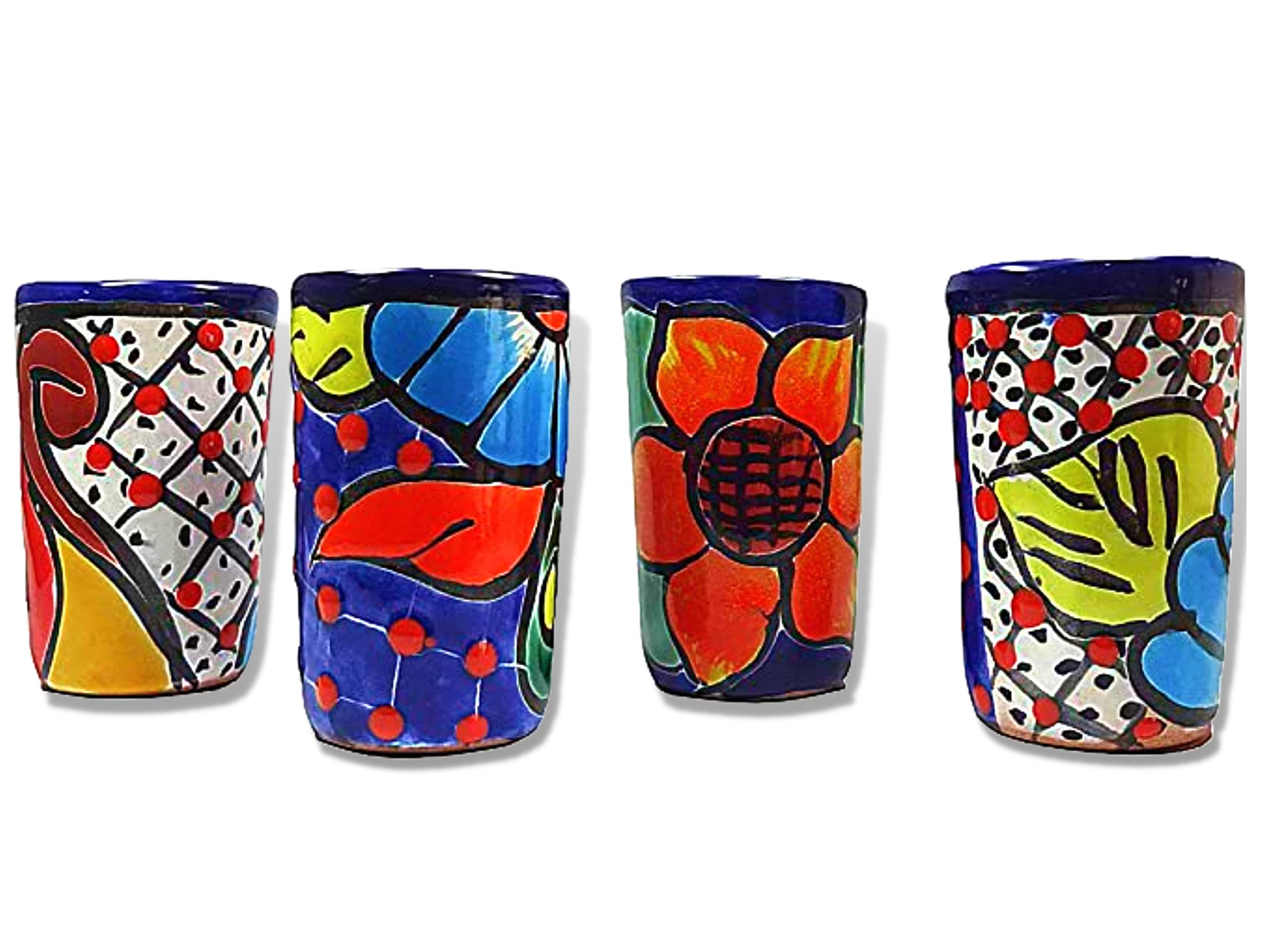 MEXTEQUIL - Talavera Shot Glasses Set of 4 Authentic Mexican Tequila Shot Glasses - Hand-painted - 2 Oz (Flowers)