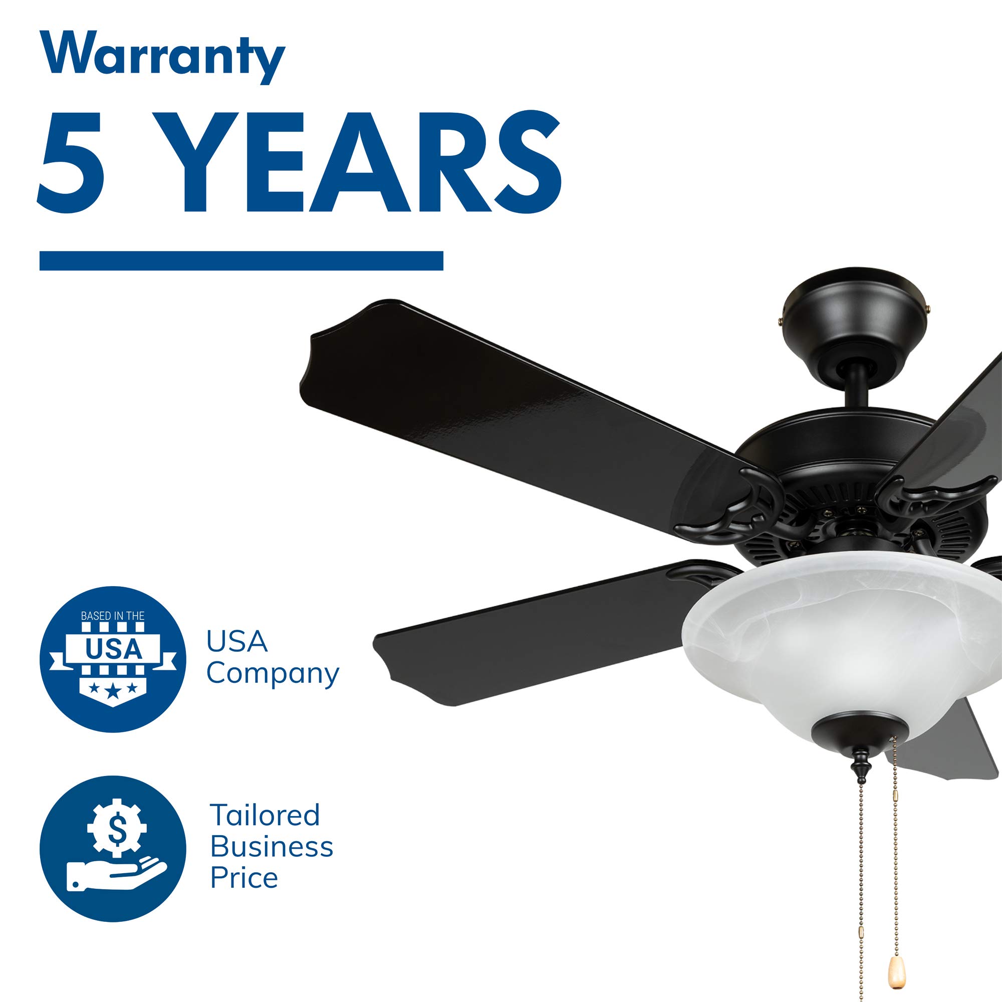 Hyperikon 42 Inch Ceiling Fan, 55W, Remote Control and Pull Chain, Black Fixture, 5 Blades, Frosted Dome Light, Black