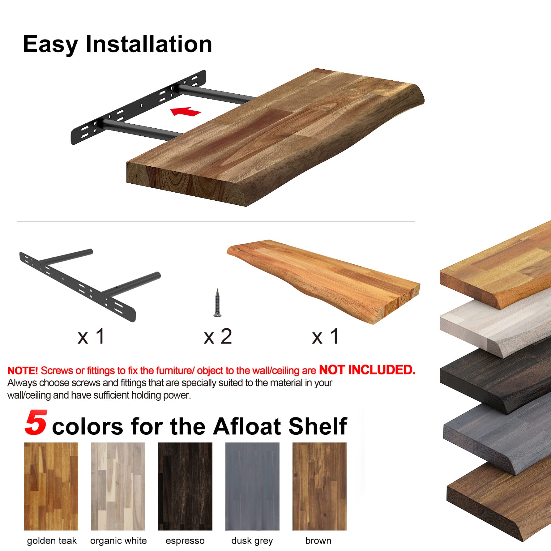 INTERBUILD REAL WOOD Wall Mounted Floating Shelf, Solid Acacia Wood with Exposed Natural Edge 47" x 10", Holds up to 22lbs. - Golden Teak