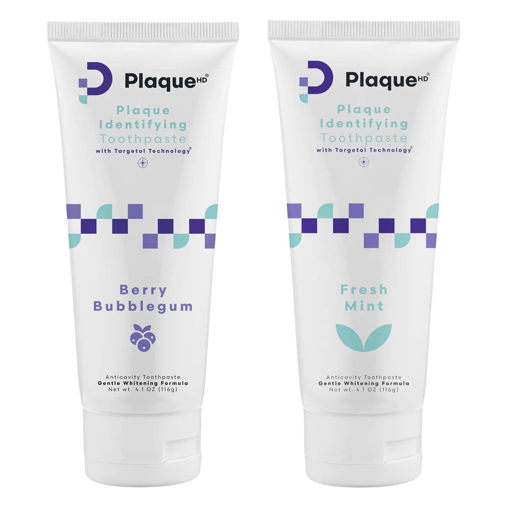 Plaque HD Plaque Identifying Toothpaste Bundle | 4.01 OZ (116 g) per Bottle | 1 Bubblegum and 1 Mint | Made in The USA | Targetol Technology, Gluten Free, Fluoride Toothpaste Containing Xylotol