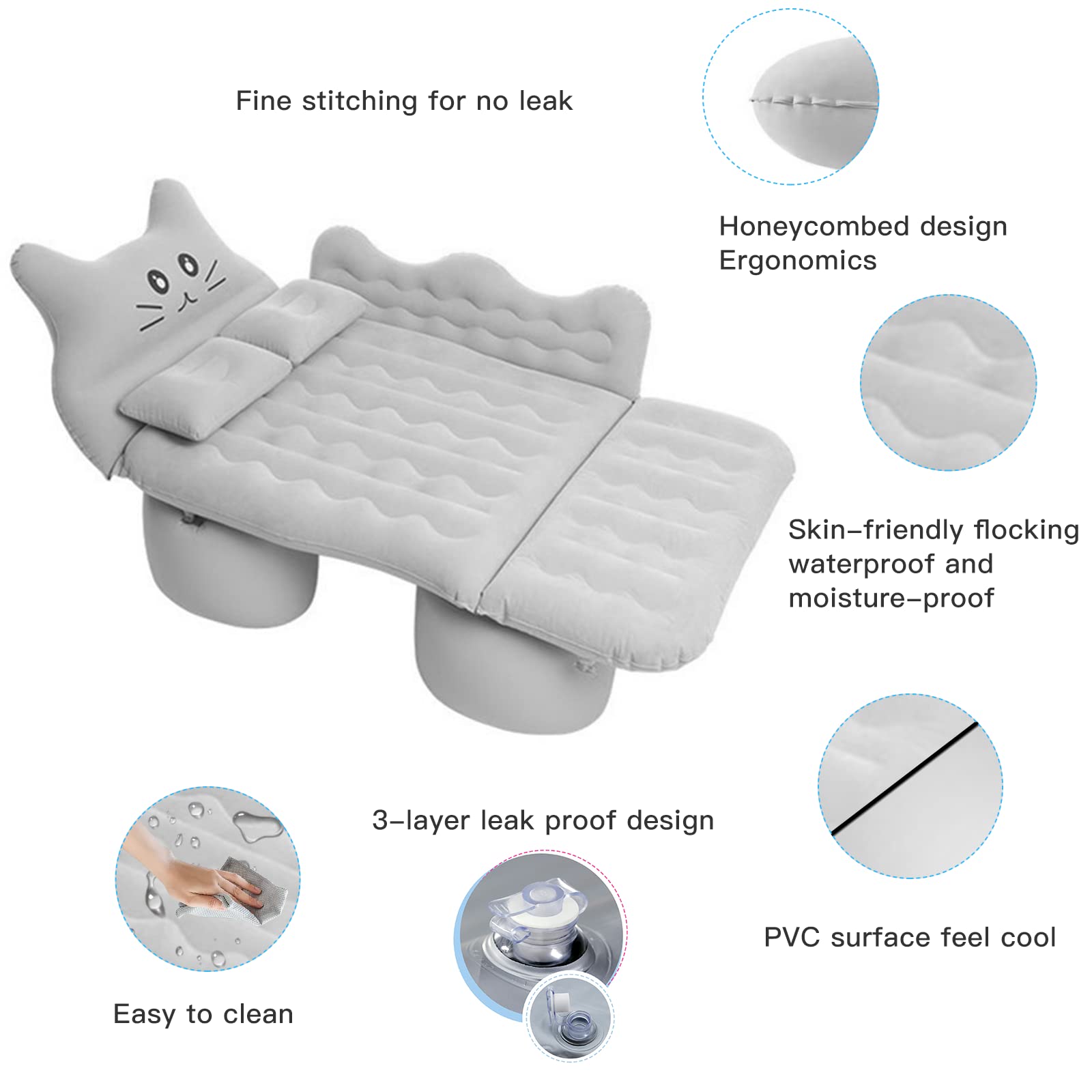 MLCTECH Car Air Mattress SUV Air Mattress Camping Inflatable Thickened Bed with Back Cushion - Two Foot Pier and Two Pillows - PVC Sleeping Bed with Electric Air Pump and Storage Bag (Grey)
