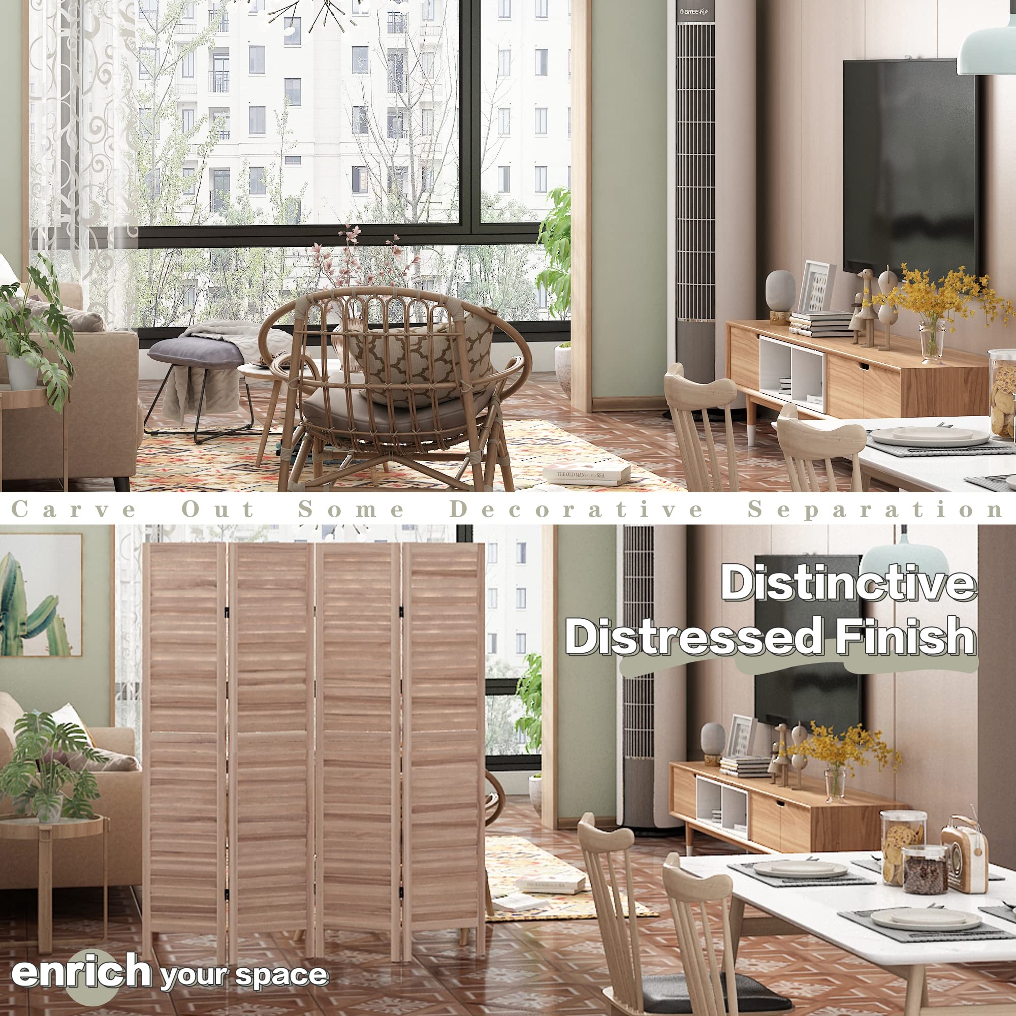 JAXSUNNY 4 Panel Privacy Screen Room Divider, Louvered Partition Room Divider Screen, Folding Privacy Screen Wall Dividers, Freestanding for Room Separating, Rustic Light Wood