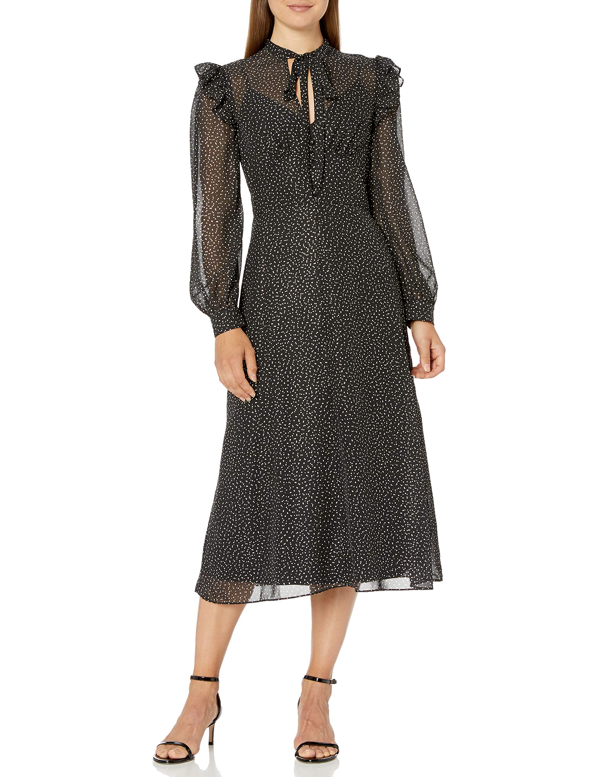 Jill Jill Stuart Women's Ruffle Dress Foil Printed Chiffon, Black, 6