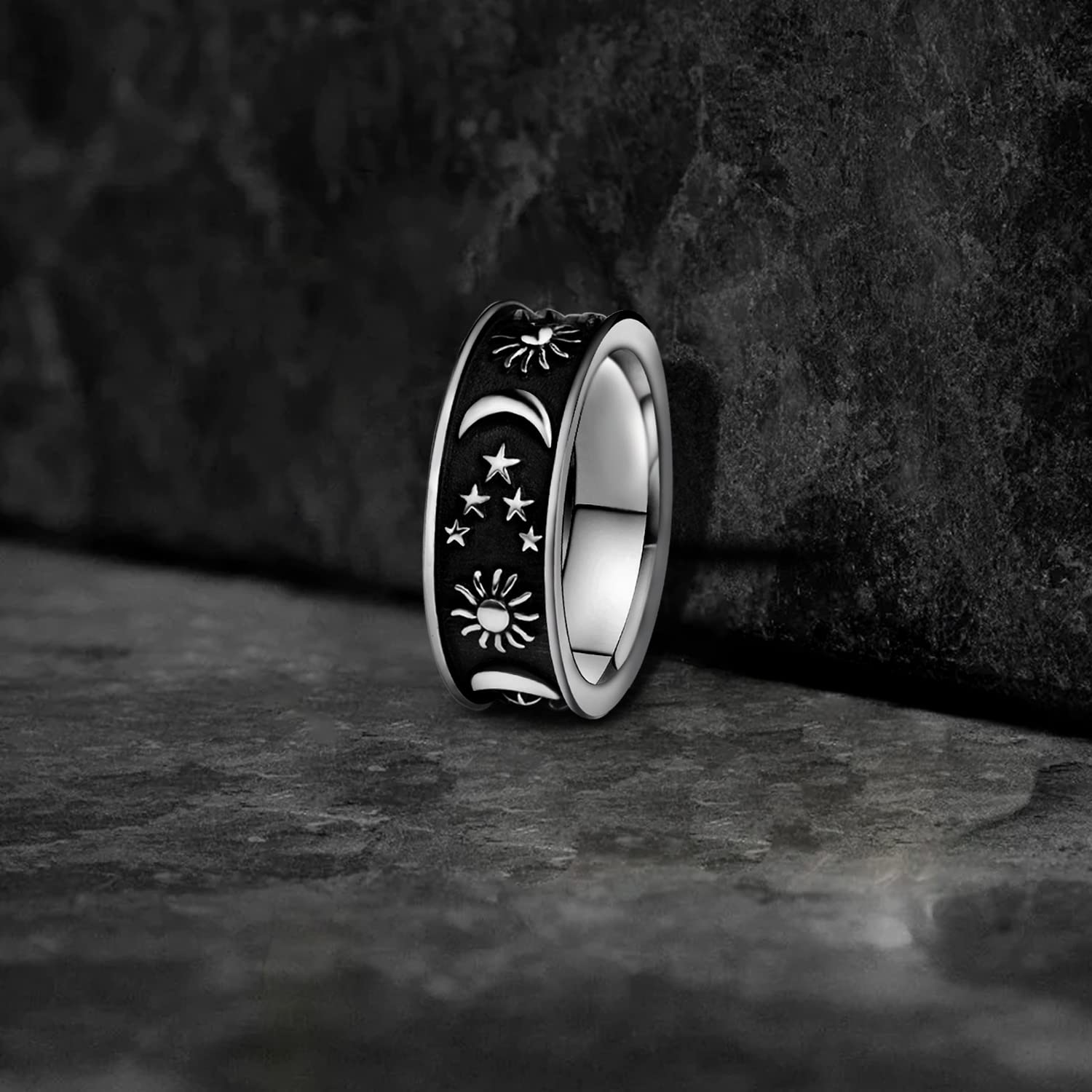 LAOYOU Sun Moon Stars Ring - 8mm Antique Stainless Steel Sun Moon Stars Ring for Women Men Statement Boho Jewelry Size 8
