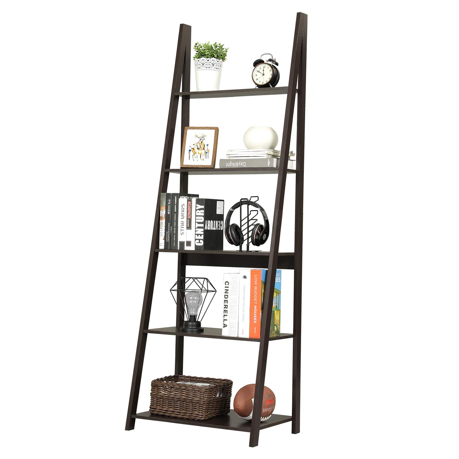 Kicode 5-Tier Ladder Shelf Bookcase, Leaning Bookshelf, Wooden Frame Decor Modern Bookshelf Storage, Flower Shelf Plant Display Shelf for Home Office