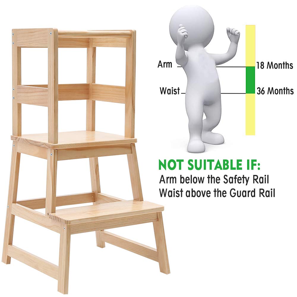 KATARUS Kitchen Step Stool for Kids and Toddlers with Safety Rail Children Standing Tower for Kitchen Counter, Step Up Learning Stool Monthers' Helper, Solid Hardwood Construction, Natural Finish