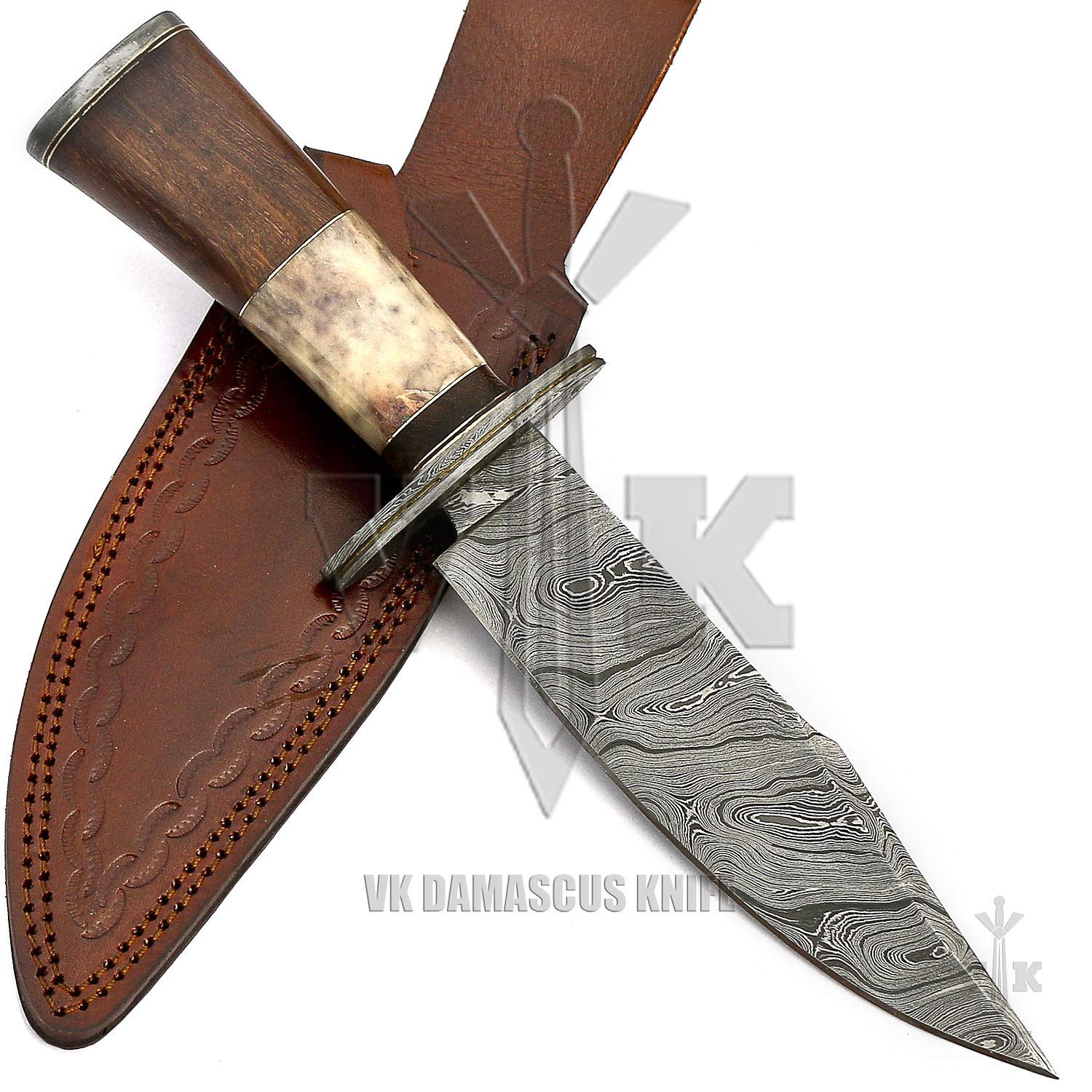 JNR Traders Damascus Steel Fixed Blade Hunting Knife with Leather Sheath - 2297