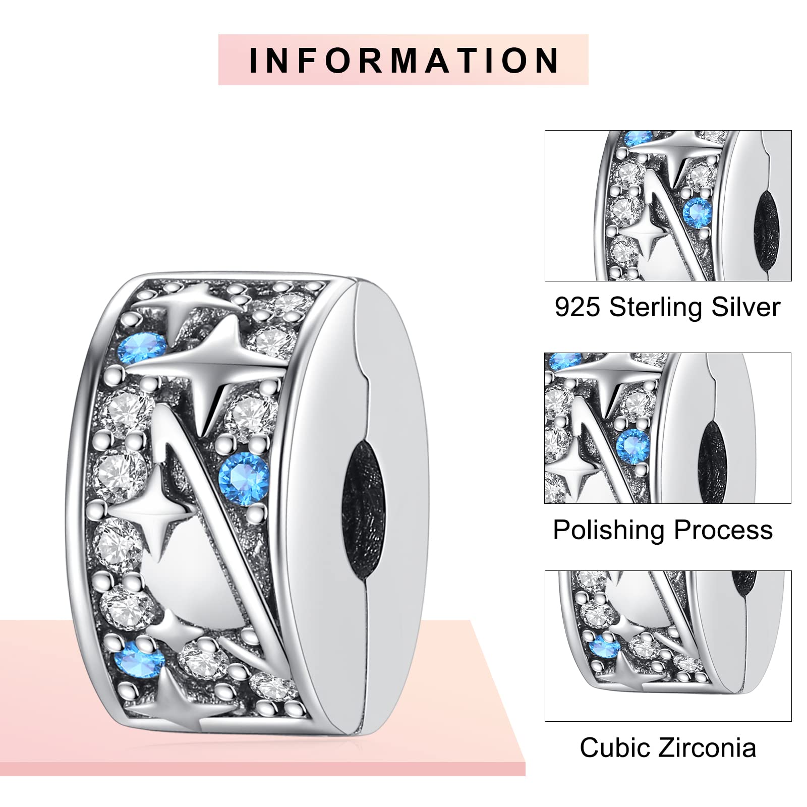 La Menars Shining Elegance Path Clip Cubic Zirconia Charm in Sterling Silver for Women Girls Bracelets Birthday Gift