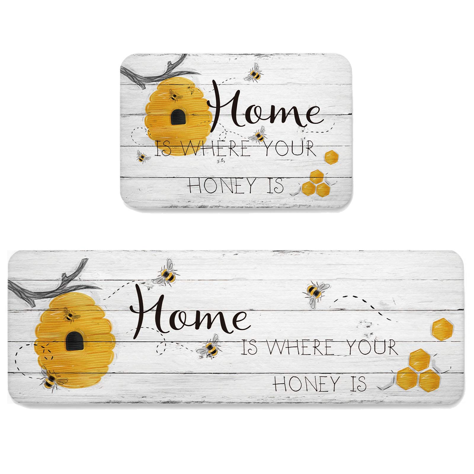 Kitchen Rugs Set 2 Pieces, Home is Where Honey is Bee Home Hive Wood Grain Non Slip Comfort Standing Floor Mat, Entryway Doormat Water Absorbent Washable Runner 16"x24" + 16"x47"