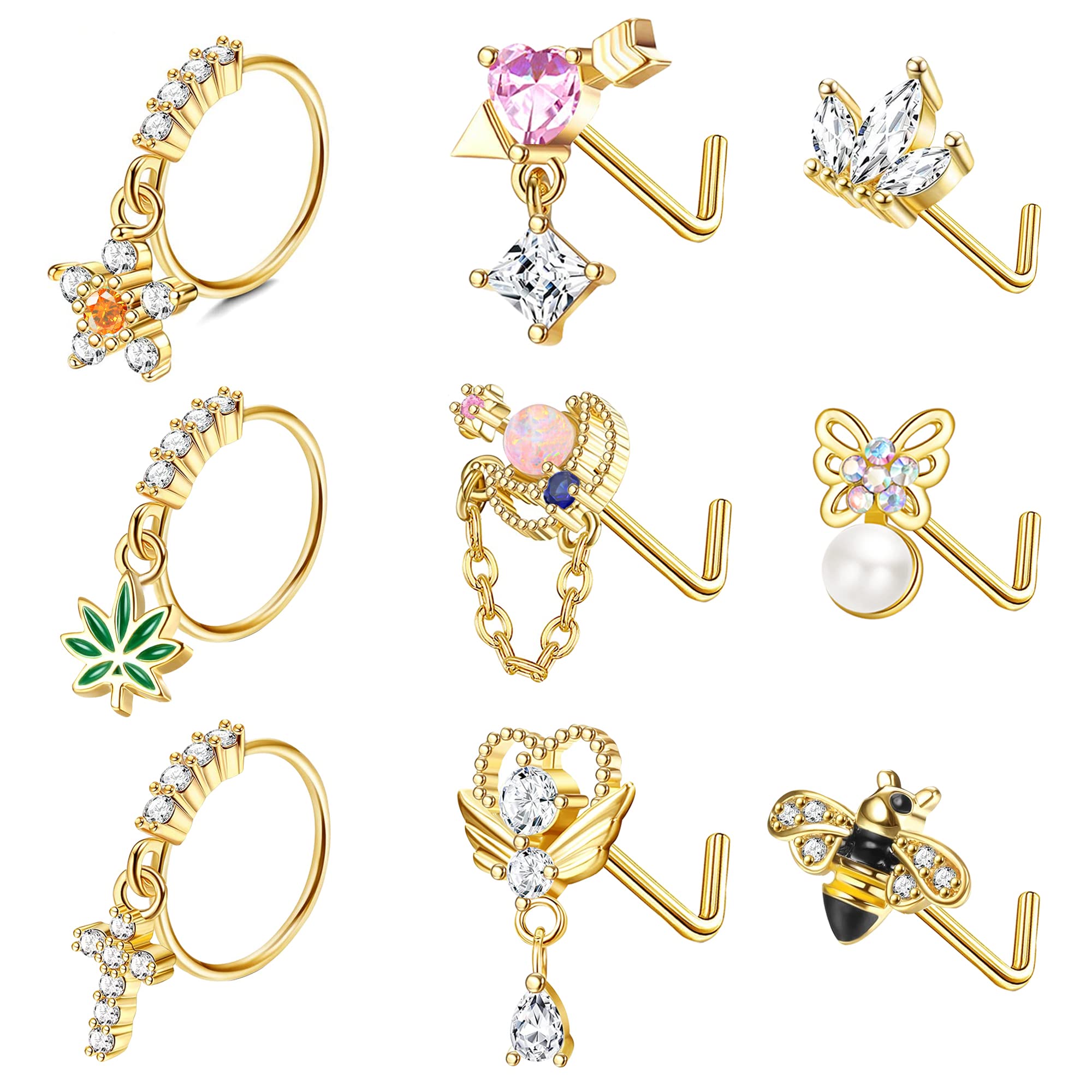 MJust 20G Dangle Nose Ring L Shaped Dangling Nose Stud for Women Stainless Steel Nose Ring Studs CZ Flower Dangle Nose Rings Hoops Nose Piercing Jewelry with Charm(Gold)