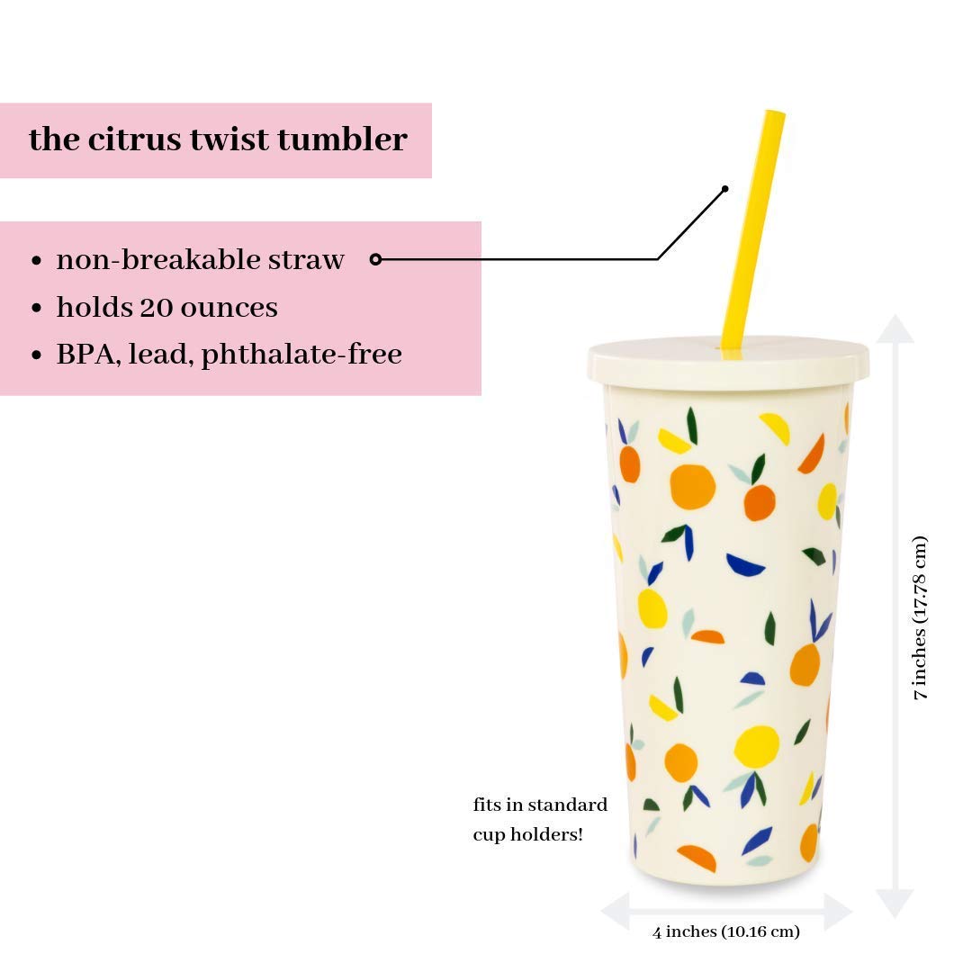 Kate Spade New York Insulated Tumbler with Reusable Straw, 20 Ounce Travel Cup, Citrus Twist