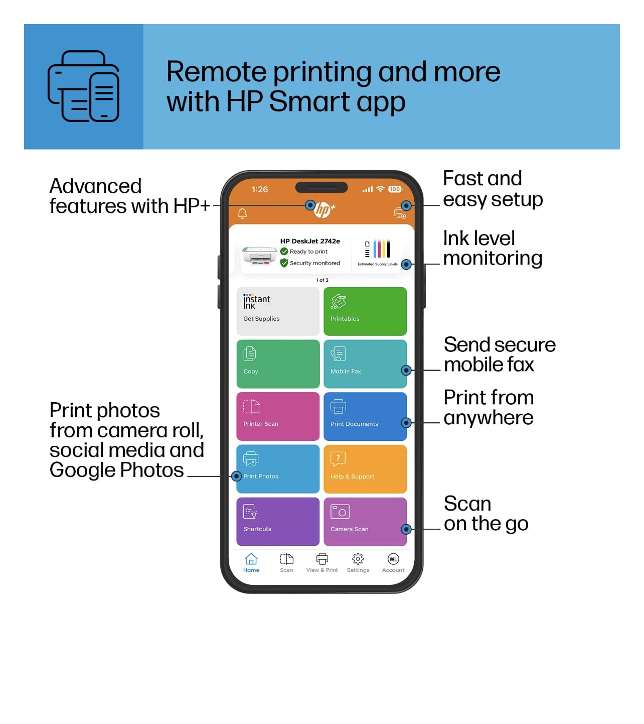 HP DeskJet 2742e All-in-One Wireless Printer Scan Copy Mobile Printing Scan to PDF, 4800 x 1200 DPI, Apple AirPrint Bluetooth USB Wi-Fi Enabled, Up to 7 ISO ppm, Icon LCD Display 7 Buttons (Renewed)