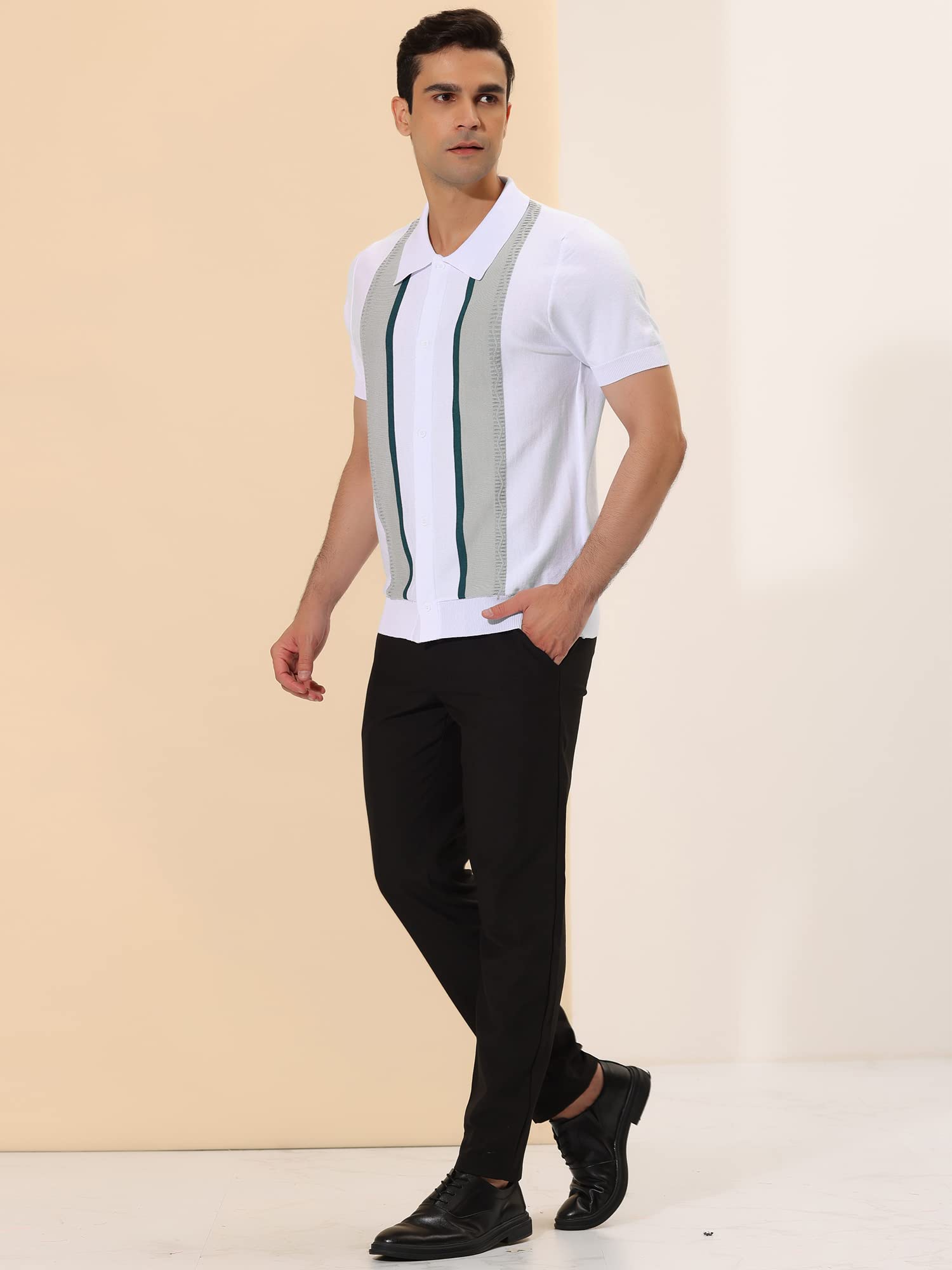 Lars Amadeus Men's Stripe Button Down Knit Polo Shirts Short Sleeve Vintage Golf Shirt Medium White Gray