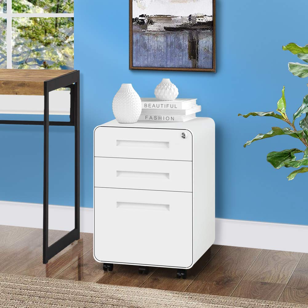 INTERGREAT White 3 Drawer Filing Cabinet with Wheels Metal Mobile File Cabinet with Hanging Frame Lockable File Cabinet for Legal/Letter Size, Pre-Assembled, Steel, Arc Edge