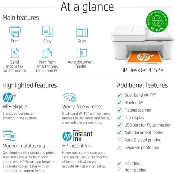 HP DeskJet 4152e Wireless Inkjet Color All-in-One Printer, Print Copy Scan, Instant Ink Ready, 35 Sheet ADF, WiFi USB Connectivity, White, W/Valinor Printer Cable