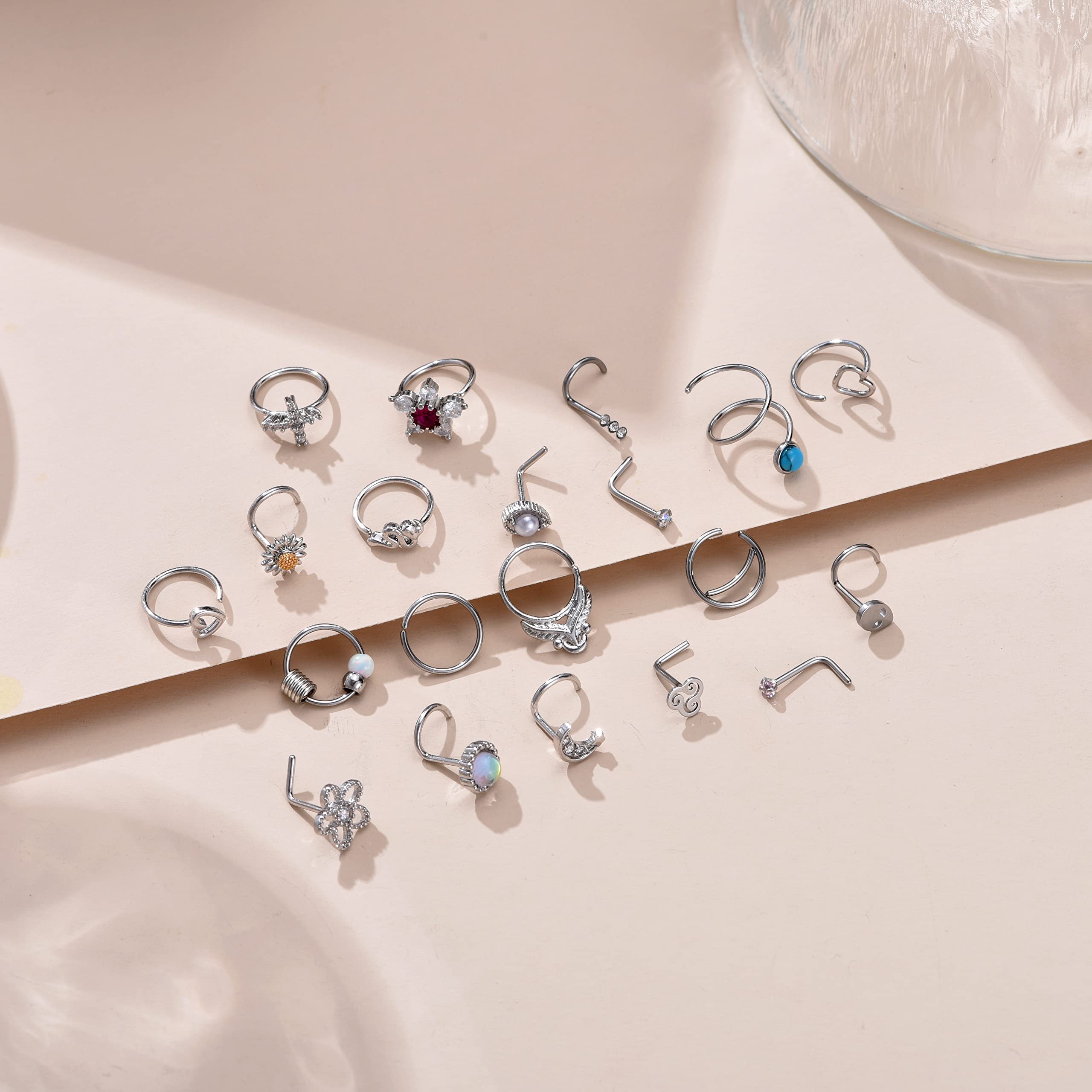 MJust 20G Nose Rings Stainless Steel Nose Rings Hoops Nose Studs Bone L Shaped Screw Nose Rings Studs Nose Nostril Piercing Jewelry Silver