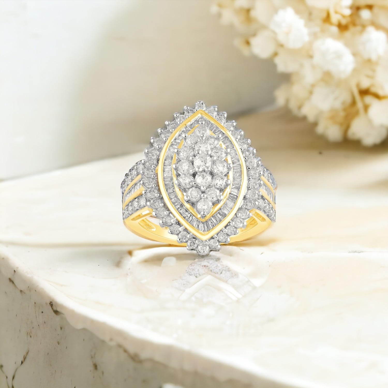 Jewelili Ring with Natural White Baguette and Round Diamonds 2 Cttw in 10K Yellow Gold Size 9
