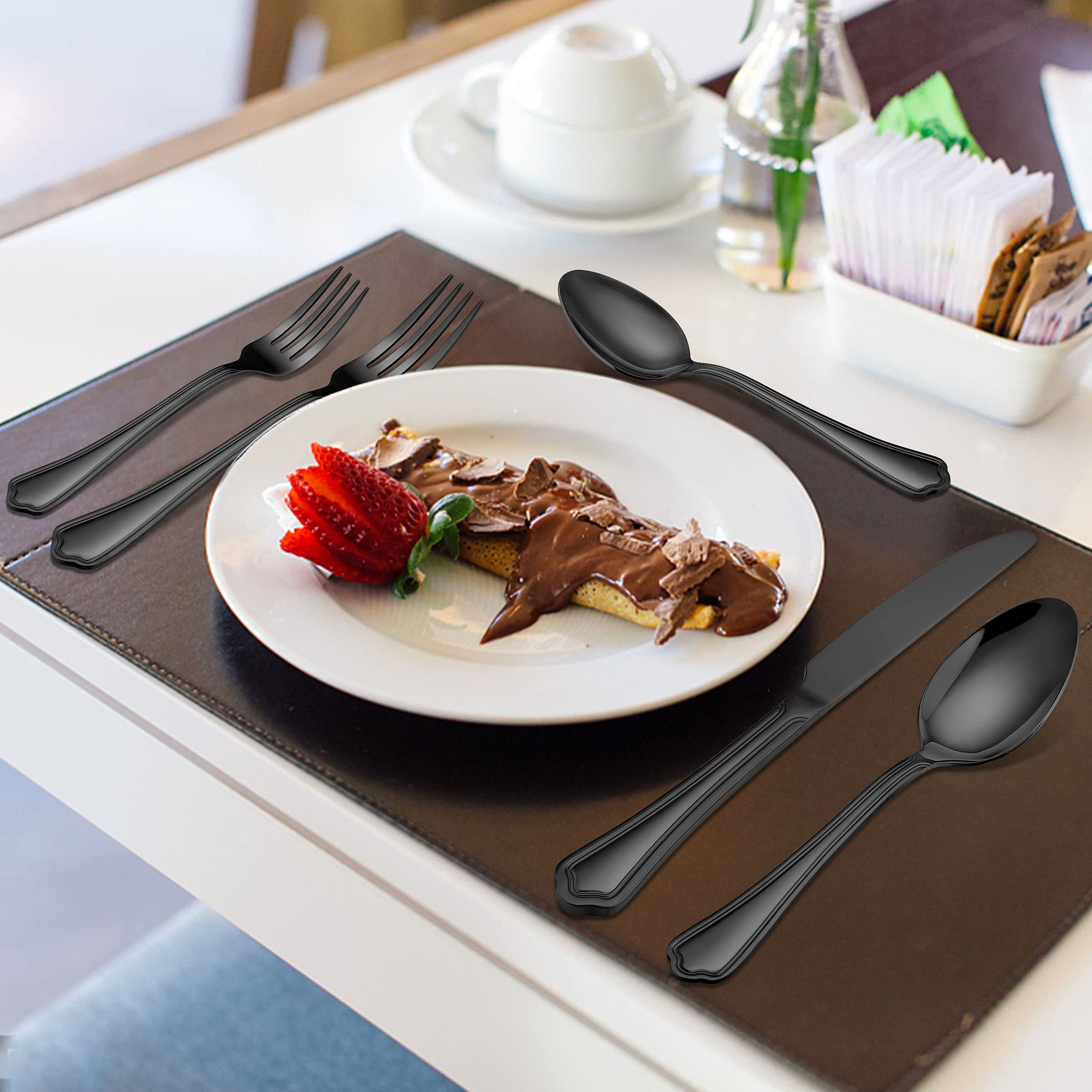 LIANYU 40-Piece Black Silverware Set for 8, Stainless Steel Flatware Cutlery Set, Eating Utensils Set with Scalloped Edge, Dishwasher Safe, Mirror Polished