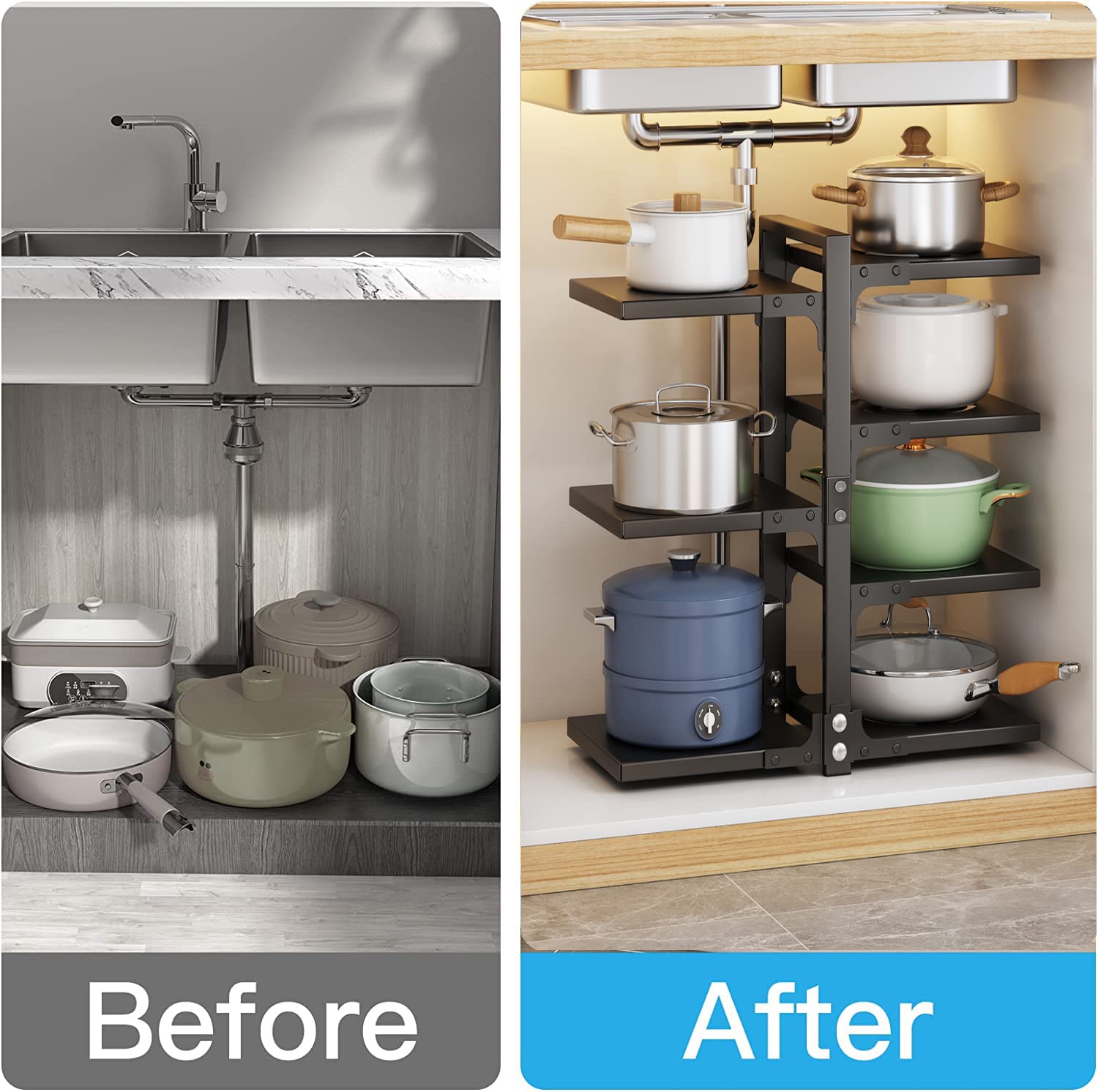 Kswoicykley Pots and Pans Organizer for Cabinet Storage, Adjustable 8-Tier Heavy-Duty Pot Rack for Kitchen Organization, Pot Lid and Pan Holder, Space-Saving Kitchen Cabinet Organizer Rack (8 tiers)