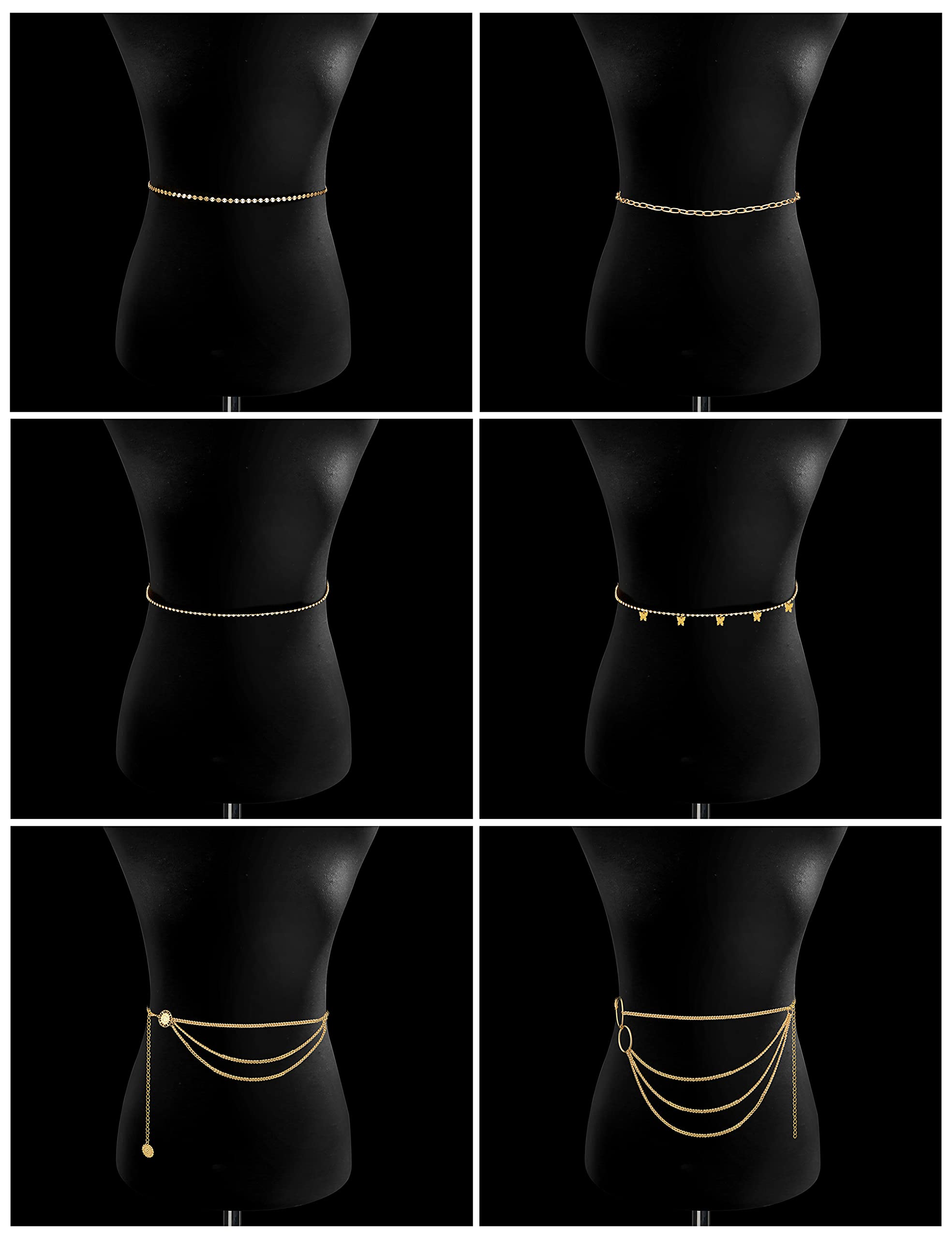 Jstyle 6Pcs Belly Chain Layered Waist Chain Butterfly Rhinestone Beach Bikini Body Chain Sexy Adjustable Tassel Waist Chain