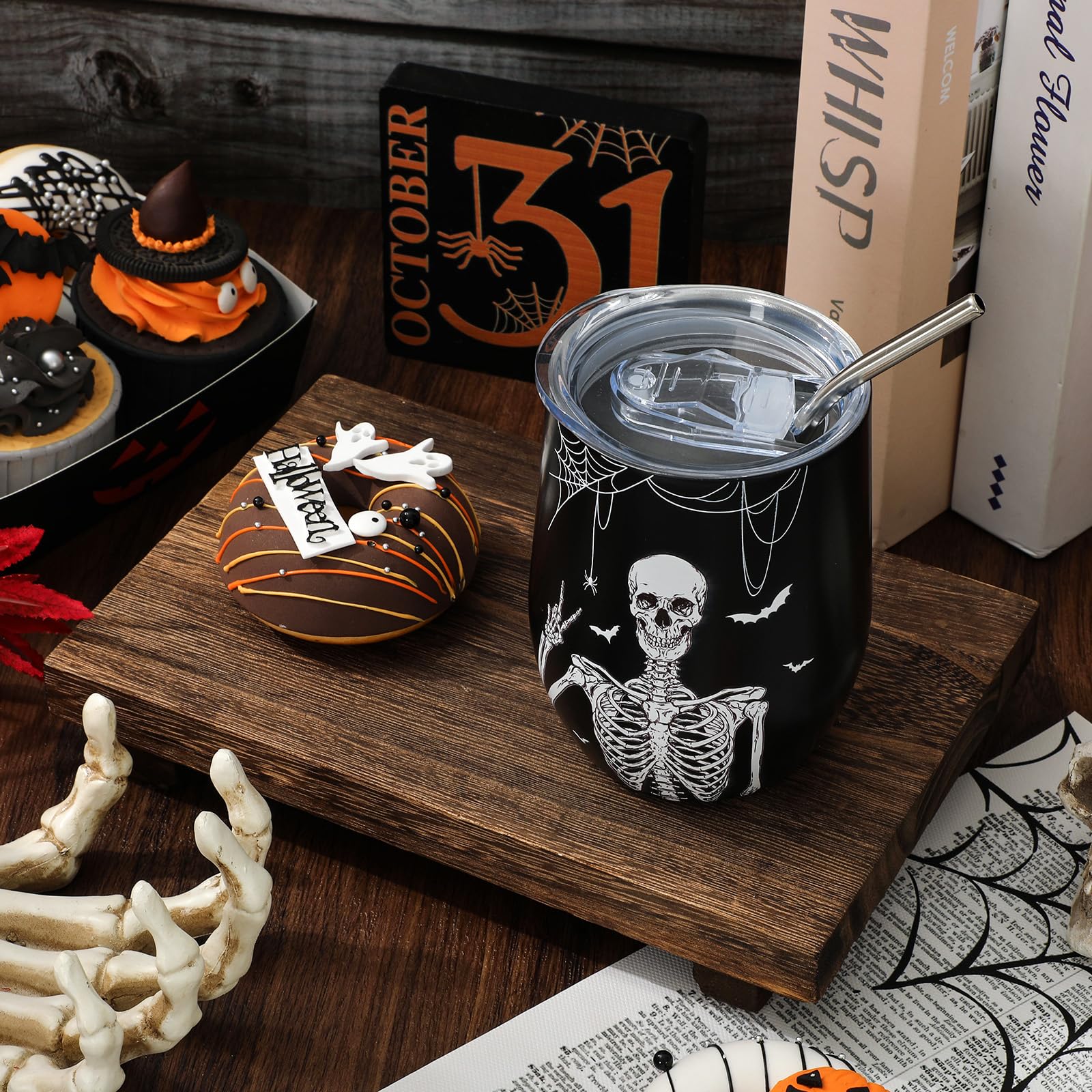 Whaline Halloween Stainless Steel Wine Tumbler with Straw and Lid Black White Skull Bat Coffee Mug Skeleton Insulated Wine Tumbler for Hot and Cold Drinks Gift