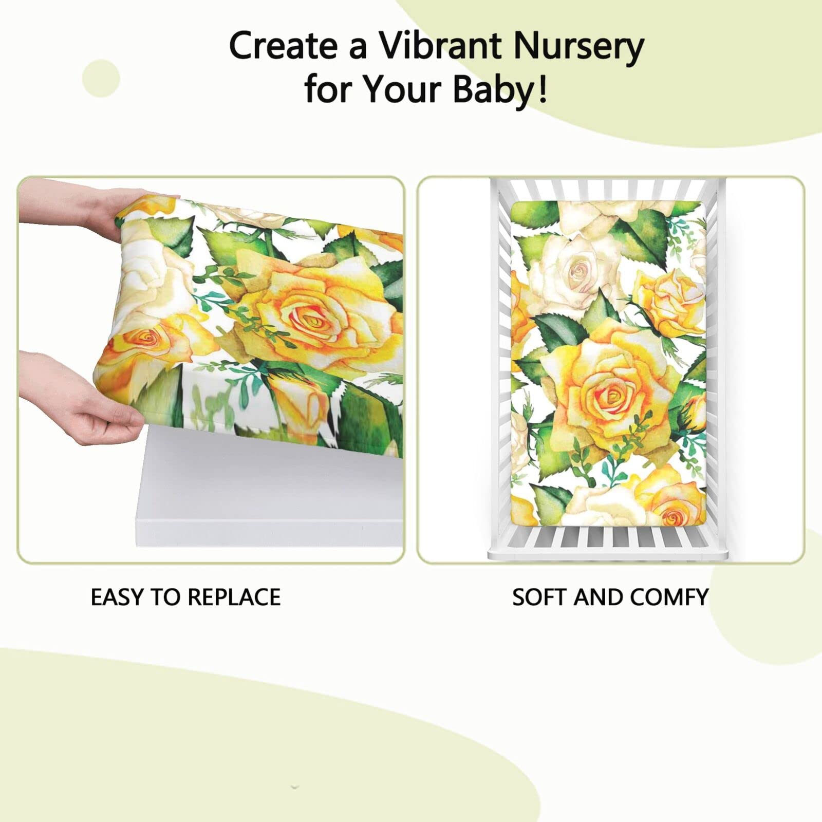 Rose Themed Fitted Mini Crib Sheets,Portable Mini Crib Sheets Soft and Breathable Bed Sheets-Crib Mattress Sheet or Toddler Bed Sheet,24β x38β,Yellow Beige Green