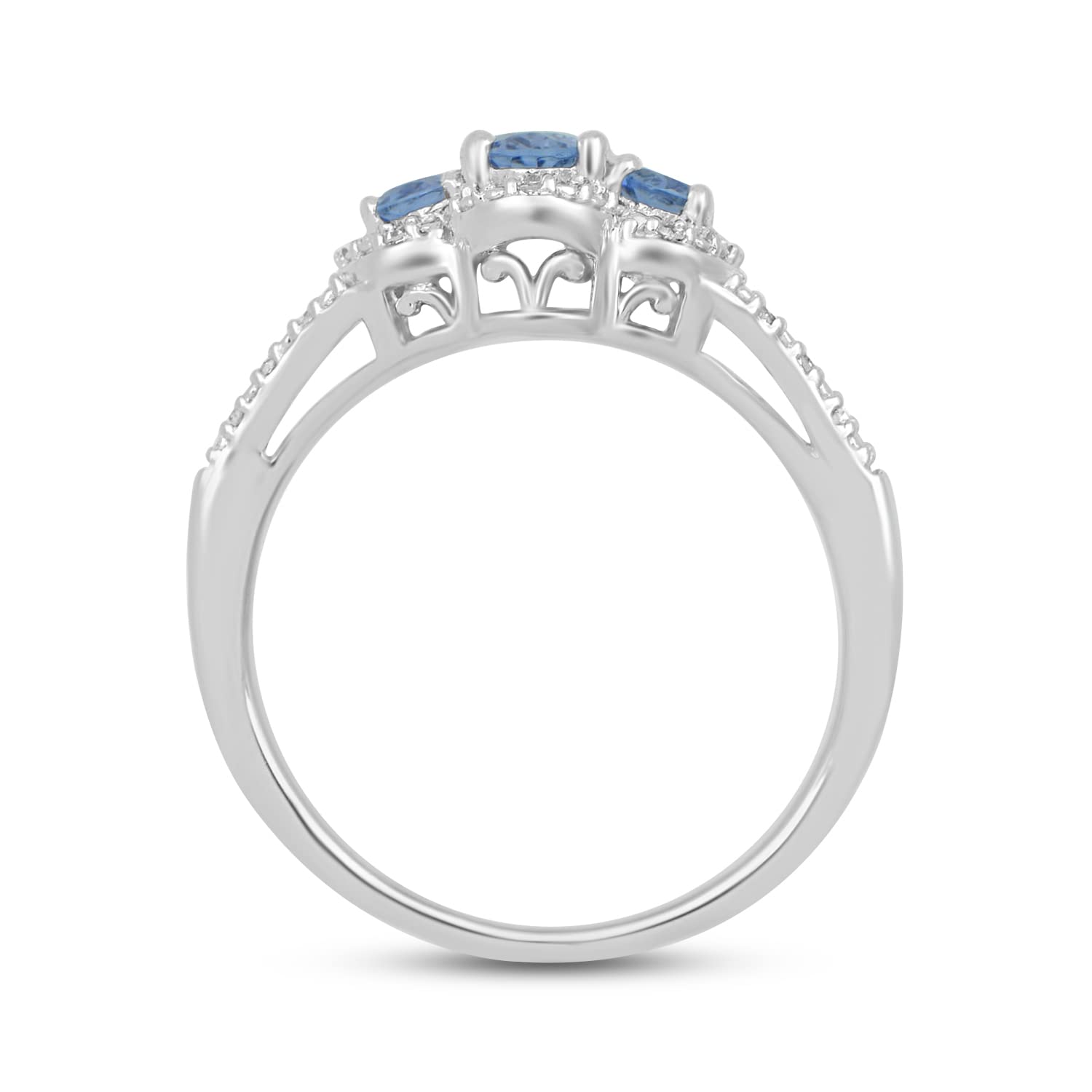 Jewelili Sterling Silver 6x4MM and 4x3MM Oval Shape Tanzanite and Natural White Round Diamond Accent Ring, Size 4