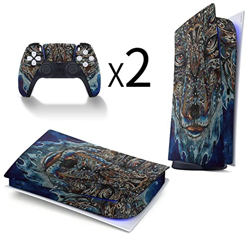 Ornamental Painting of Wolf Full Protective Skin Cover Design Wrap Decal Sticker Compatible with PS5 Digital Edition Console and Controller