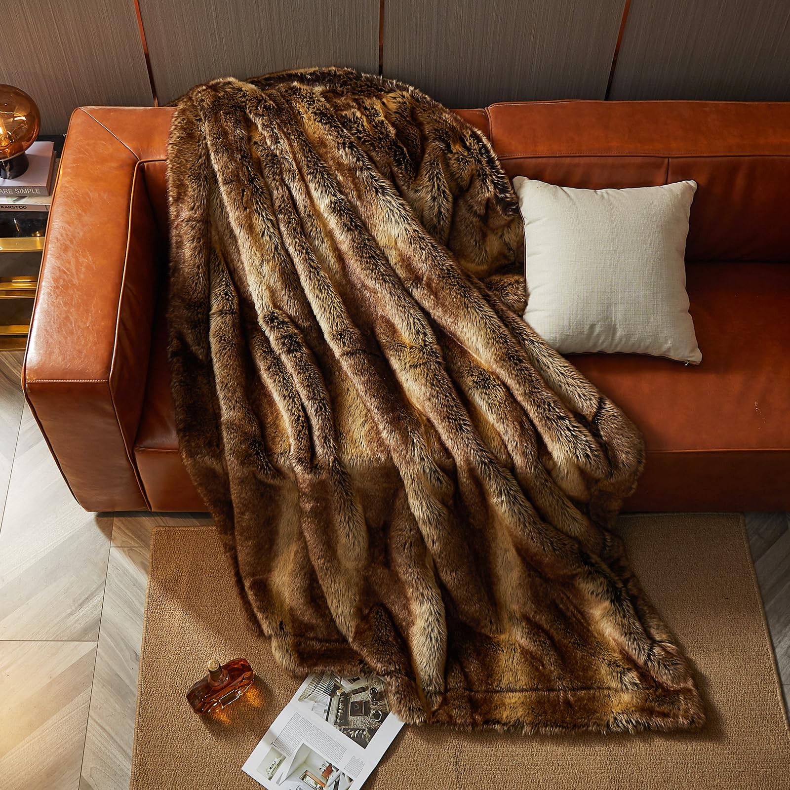 HOMFINE Luxury Faux Fur Blanket - Super Thick Warm Long Fluff Fuzzy Throw Blanket for Bed, Sofa, Couch, Home Decor with Soft Cozy Plush Velvet Back, 60"x80", Deluxe Brown