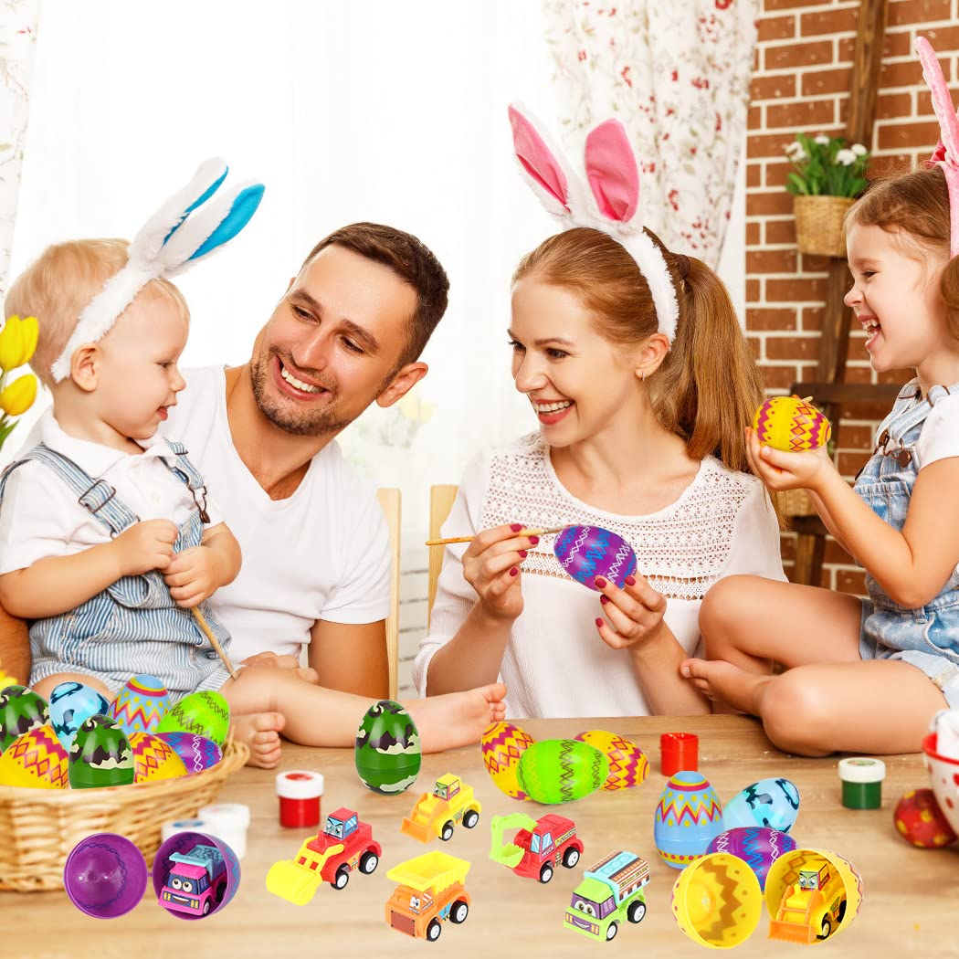 Oroalbb 27Pcs Easter Eggs with Toys Inside, Easter Eggs Filled with Pull Back Cars for Boys for Basket Stuffers/Filler, Easter Eggs with Construction Vehicles Toy
