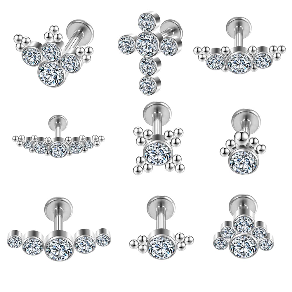 Lip Stud 16g For Women Sterling Titanium G23 Symmetrically shaped beads Labret Studs Zirconia Earrings Piercing Helix Ear Cartilage Tragus Studs Earrings Lip Monroe Piercing 1 PCS (cd011, Titanium)